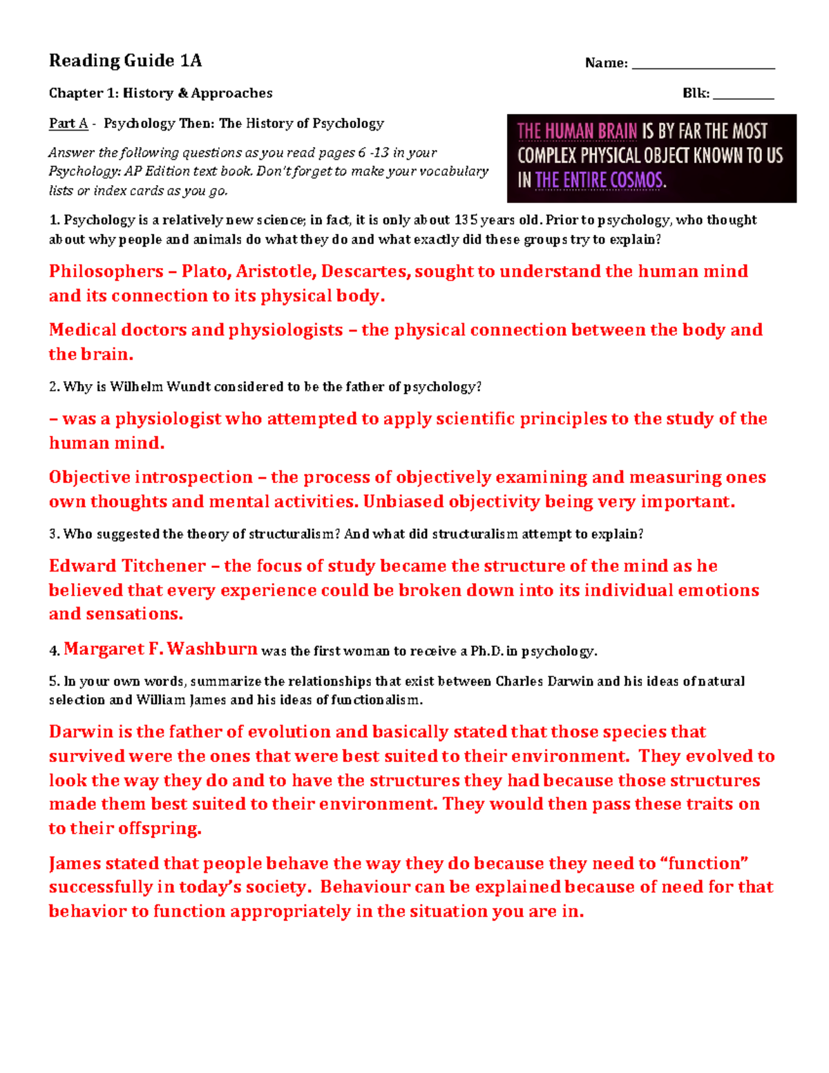 O.L. Psychology AP; Reading Guide 1A - Key - Reading Guide 1A Name