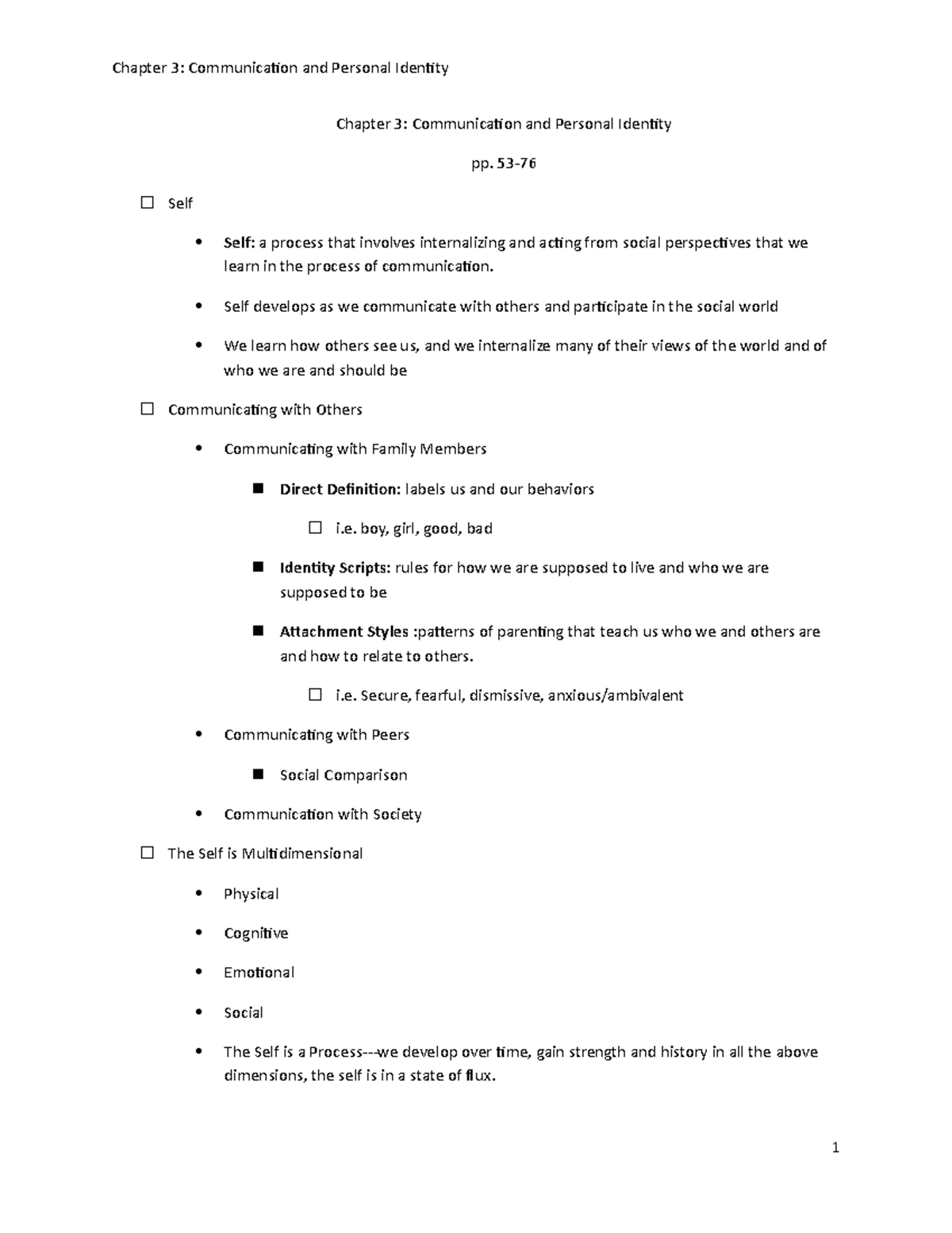 Chapter 3 notes - Chapter 3: Communication and Personal Identity ...