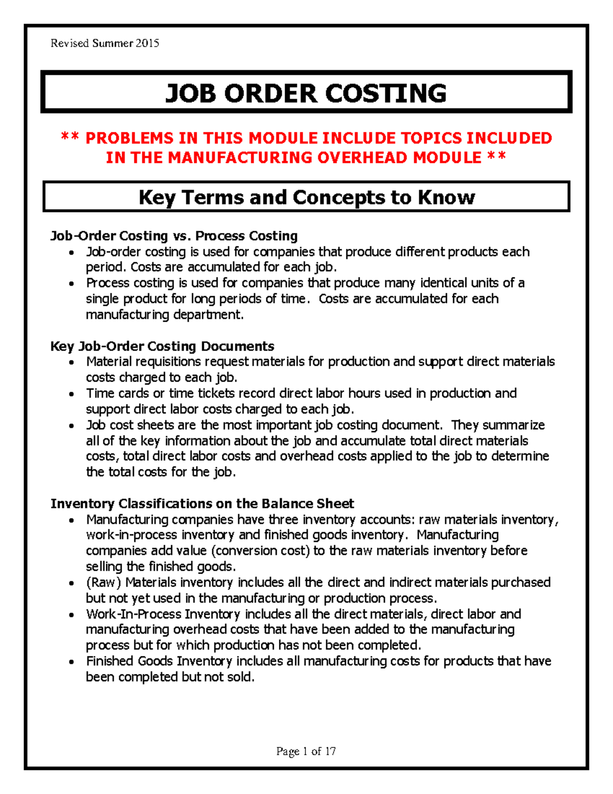 2a. Job Order Costing CR - JOB ORDER COSTING **** PROBLEMS IN THIS ...