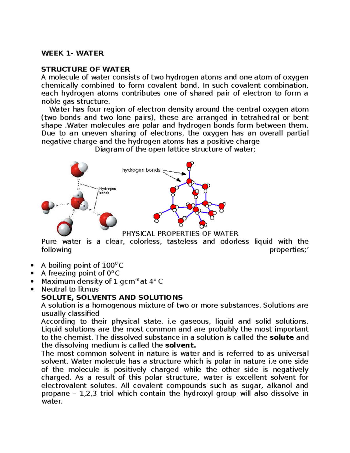 CHEM ss2 week 1-5 - WEEK 1- WATER STRUCTURE OF WATER A molecule of ...