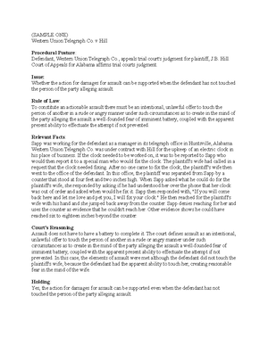 Sample Student Briefs - (SAMPLE ONE) Western Union Telegraph Co. v Hill ...