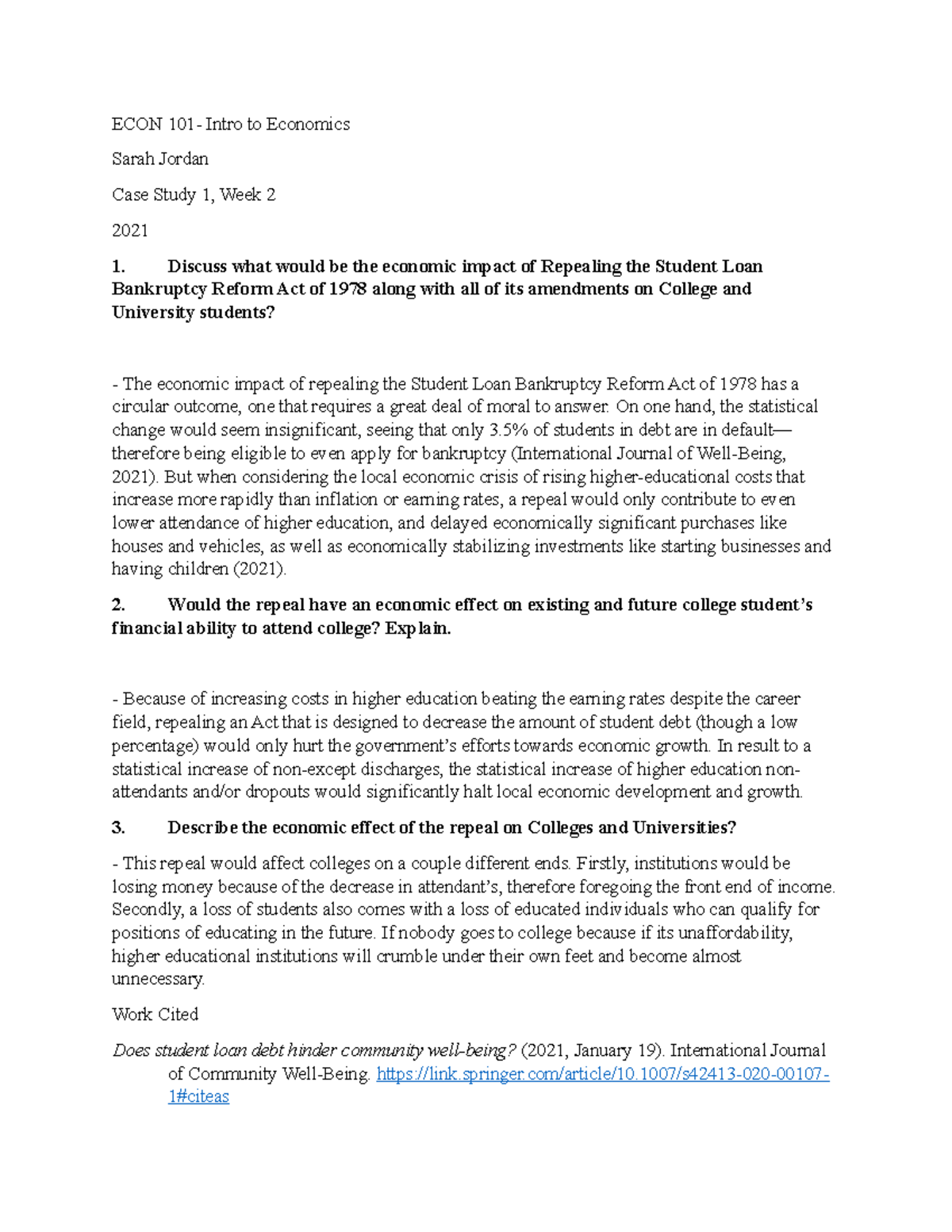 Case Study 1, Week 2 - ECON 101- Intro to Economics Sarah Jordan Case ...