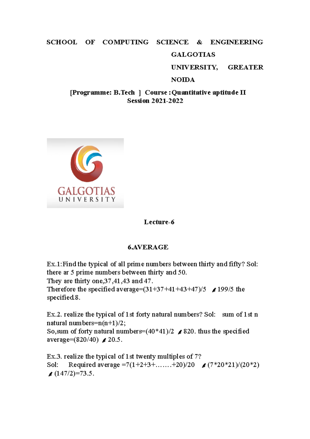 Quantitative aptitude lecture 6 @ Galgotias university - SCHOOL OF COMPUTING SCIENCE & - Studocu