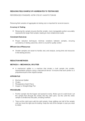 Reducing Field Sample OF Aggregates TO Testing SIZE-AF - UNIVERSITY OF ...