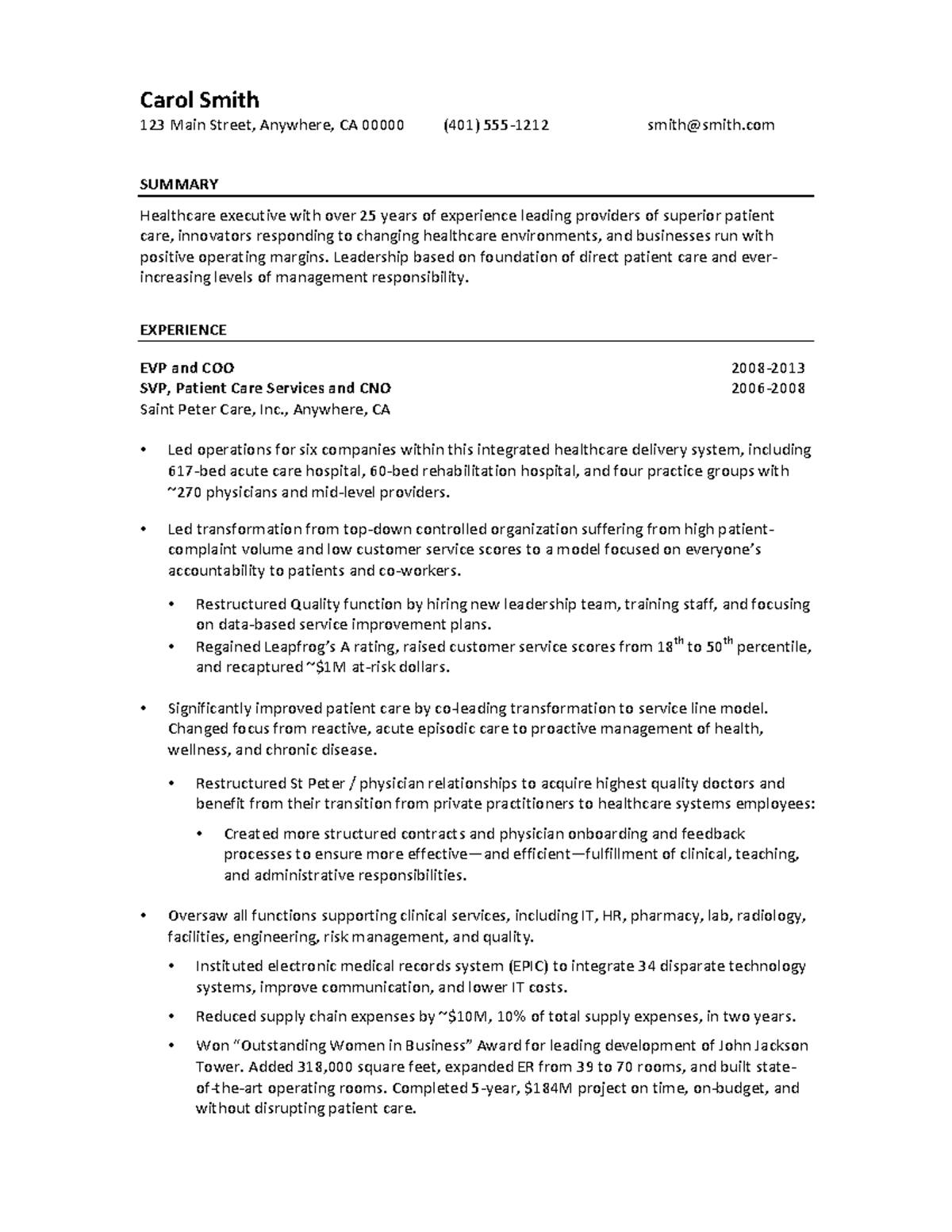 Resume sample seniorexec - Carol Smith 123 Main Street, Anywhere, CA ...