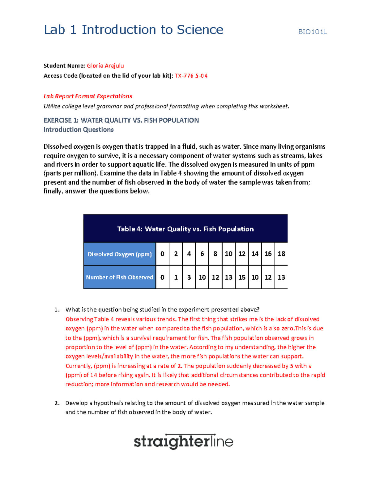 Biology lab 1 - bio lab 1 - Student Name: Gloria Arajulu Access Code (located on the lid of your ...