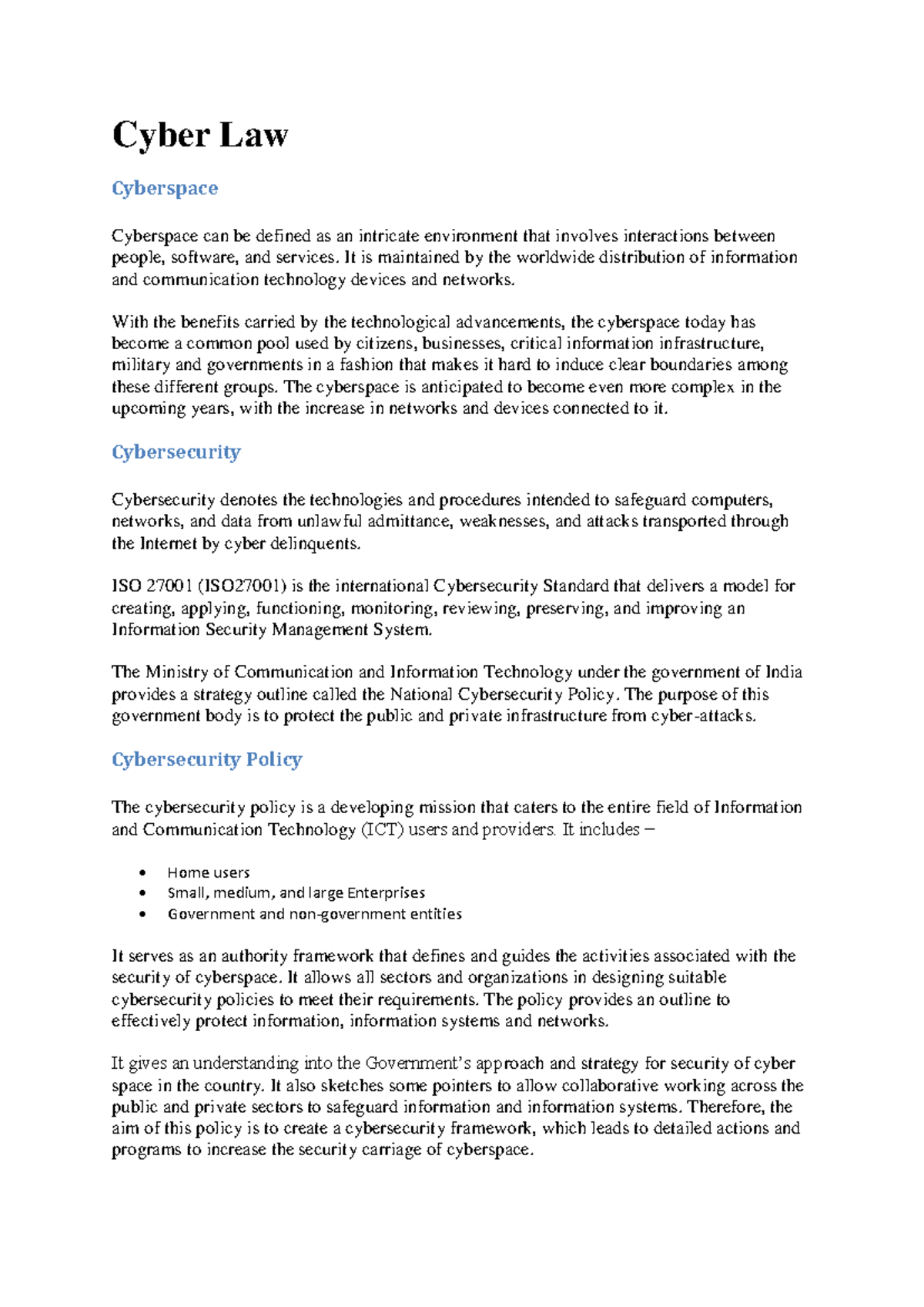 Cyber Security Unit 4 - NNJBJKBKBKJB - Cyber Law Cyberspace Cyberspace can be defined as an ...