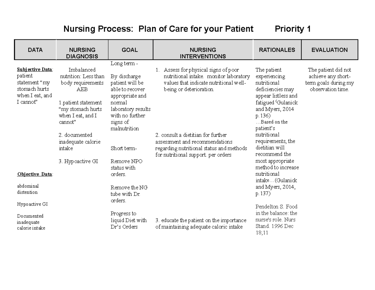 Priority one : cursing care plan - Nursing Process: Plan of Care for ...