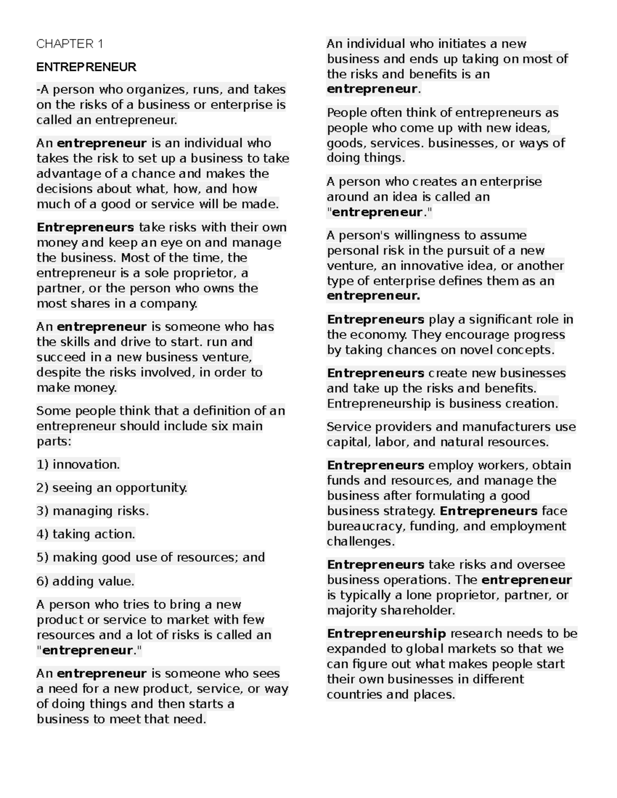 Chapter-1- Entrepreneurship - CHAPTER 1 ENTREPRENEUR -A person who ...