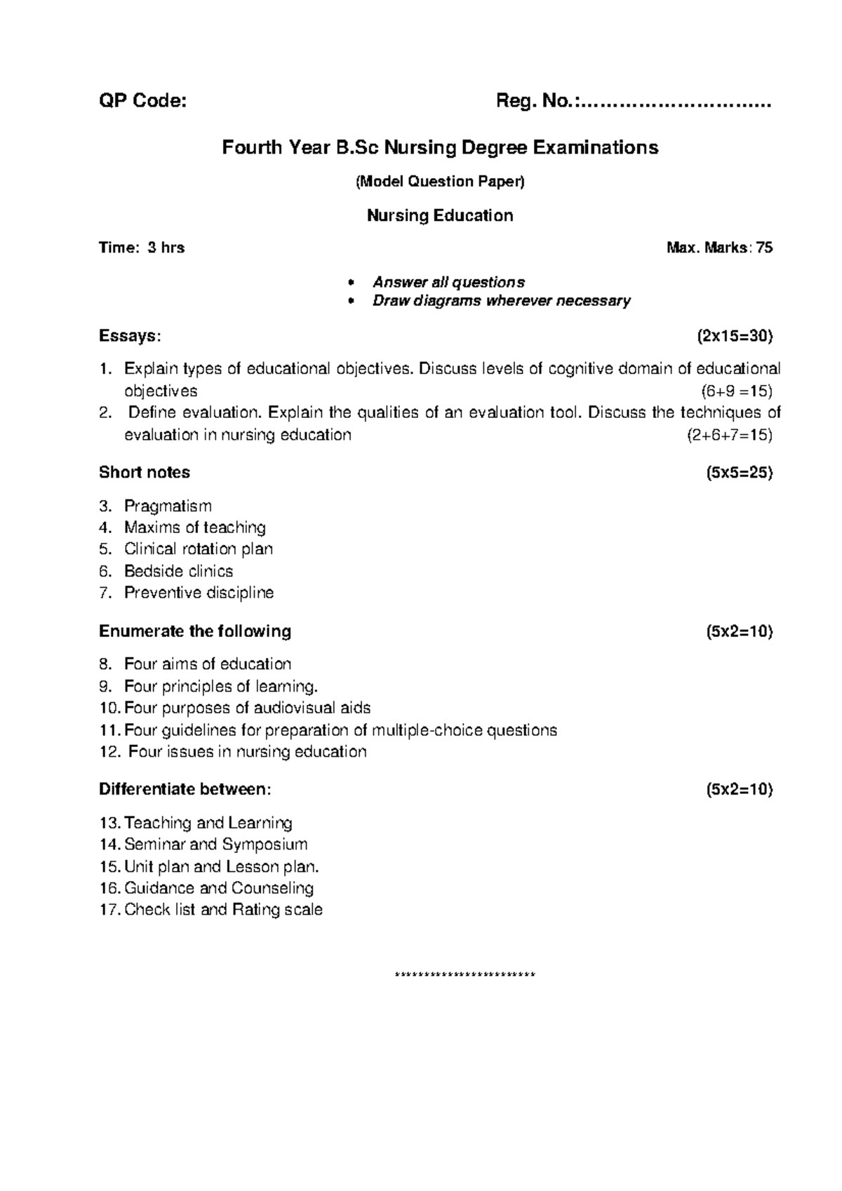 4th yr QP - Exam material - QP Code: Reg. No.:.............................. Fourth Year B ...