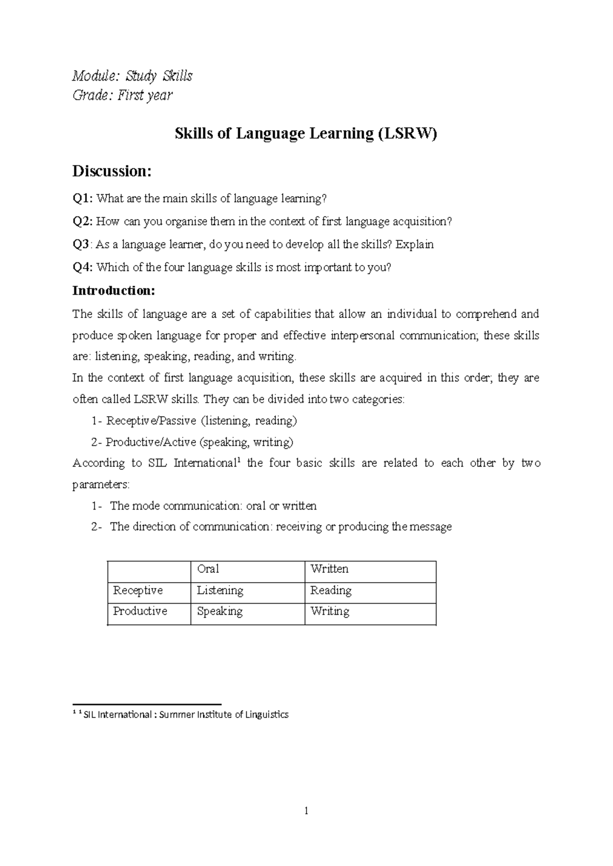 Lesson Three - 1 Module: Study Skills Grade: First year Skills of ...