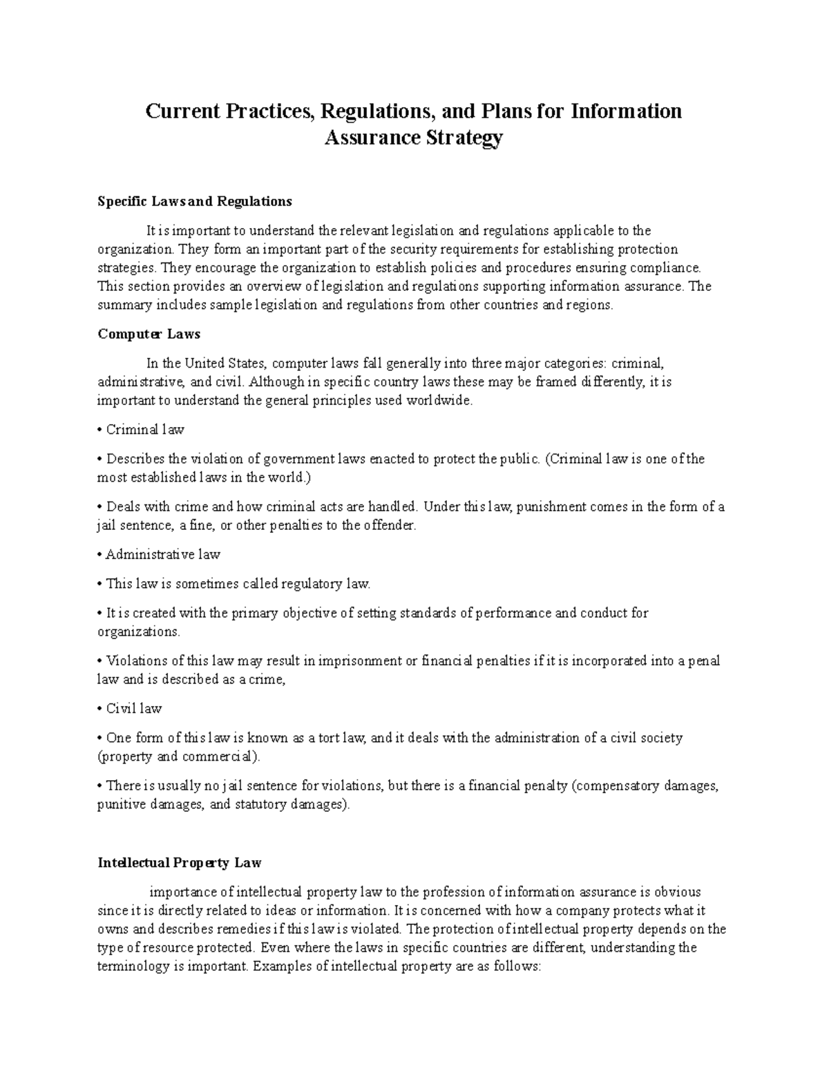Plans for Information Assurance Strategy - Current Practices ...
