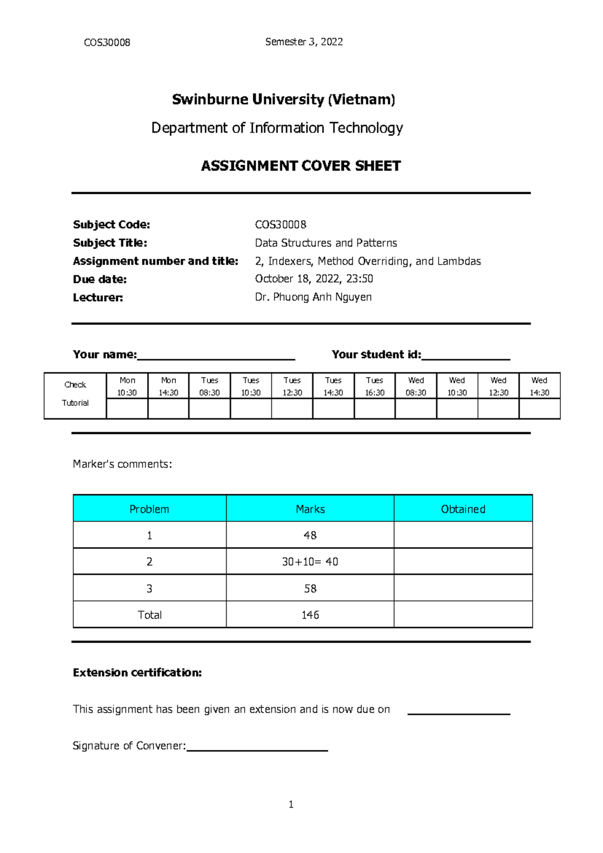 Problem Set 2 2022 - COS ASSIGNMENT COVER SHEET Subject Code: COS ...