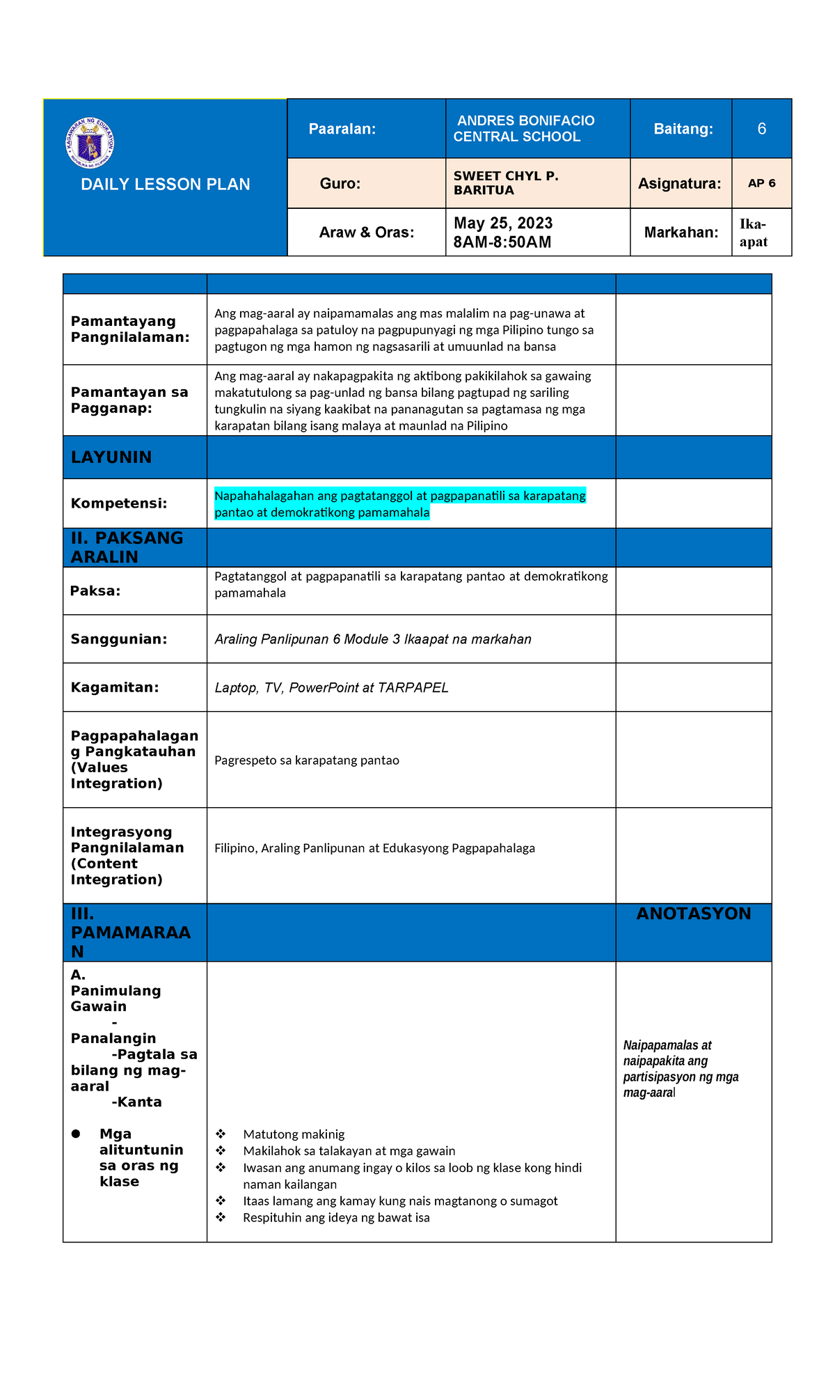 Sweet LP AP 6 - LESSONPLN - DAILY LESSON PLAN Paaralan: ANDRES BONIFACIO CENTRAL SCHOOL Baitang ...