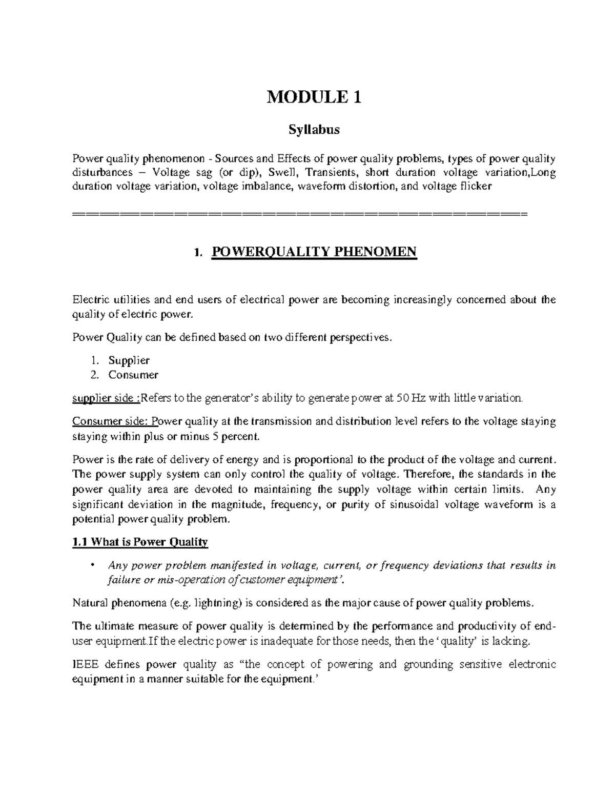 Power Quality 1 - MODULE 1 Syllabus Power quality phenomenon - Sources ...