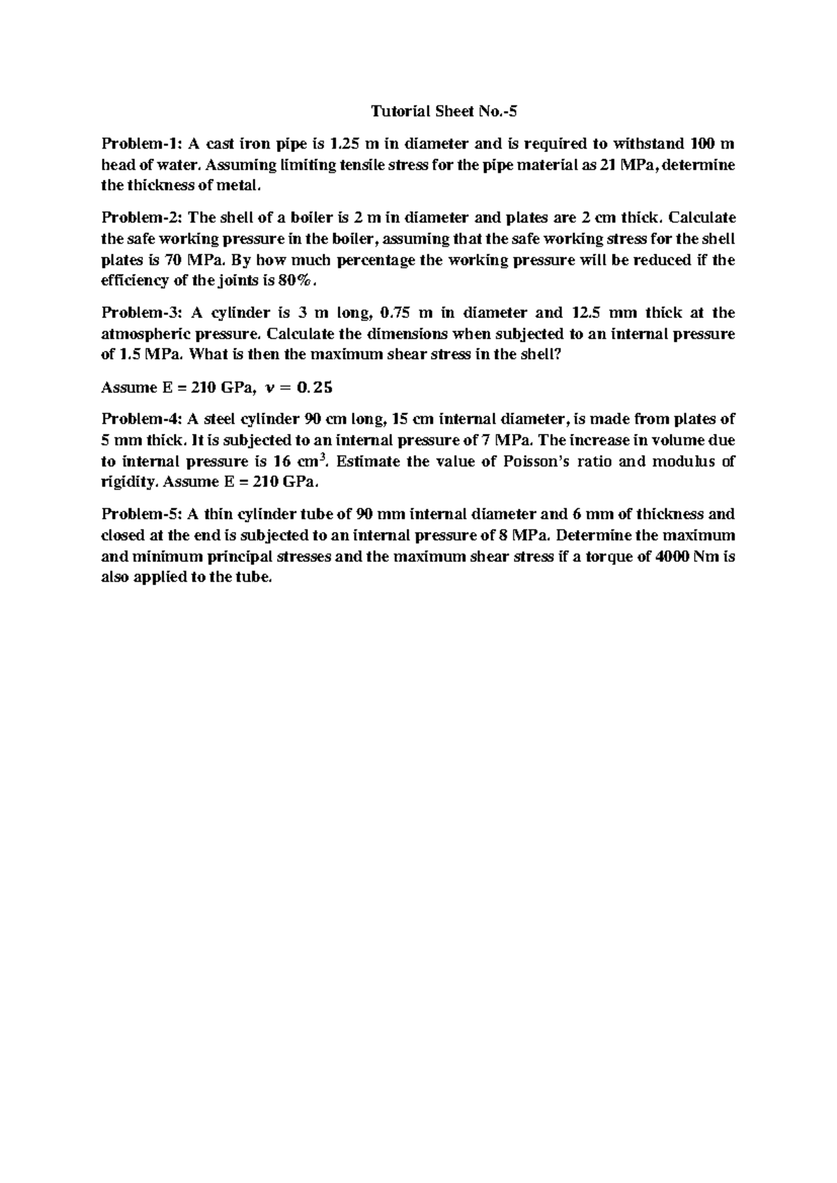 Tutorial Sheet No - Good - Tutorial Sheet No.- 5 Problem-1: A cast iron pipe is 1 m in diameter ...