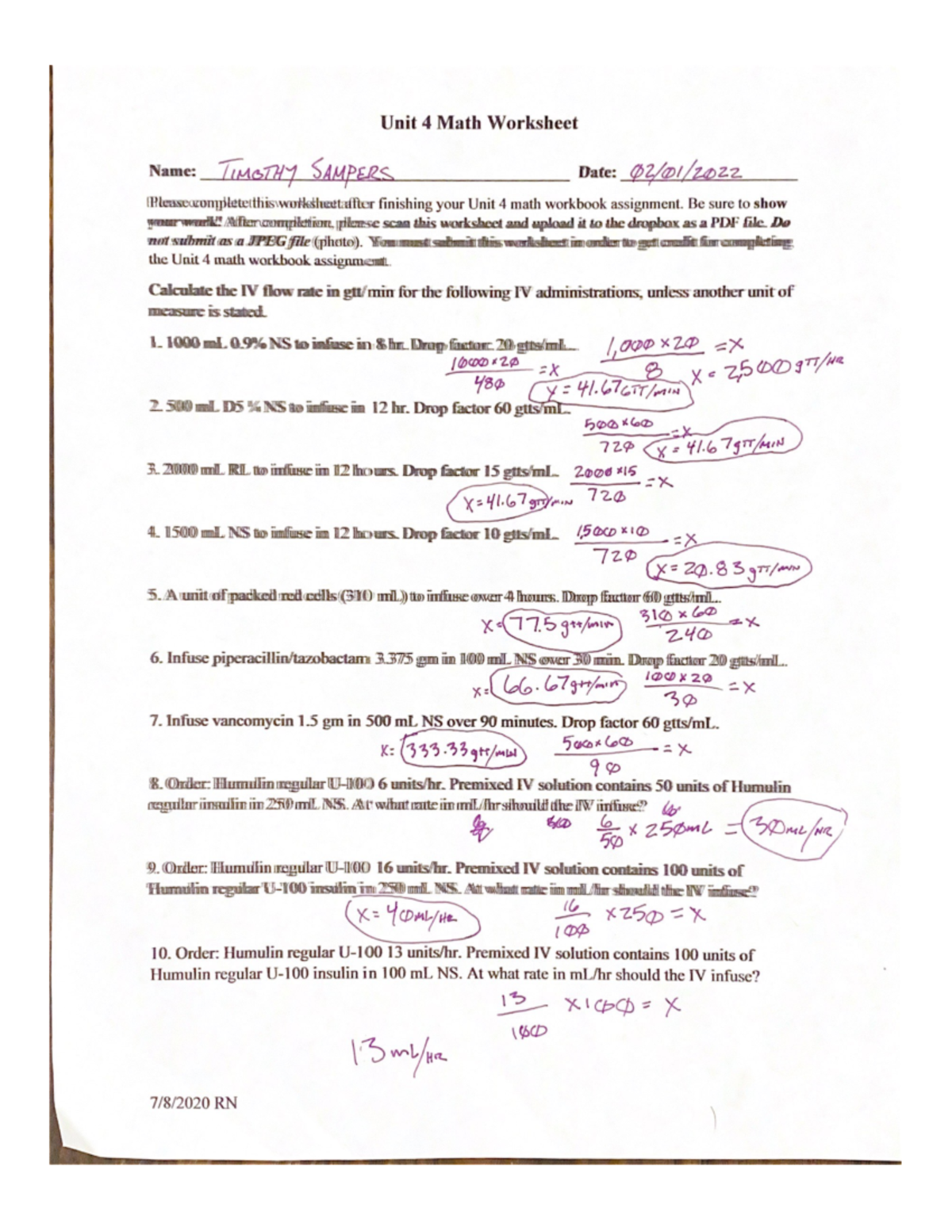 Unit 4 Math Worksheet - Nurse 3 Material - NUR3 - IRSC - Studocu