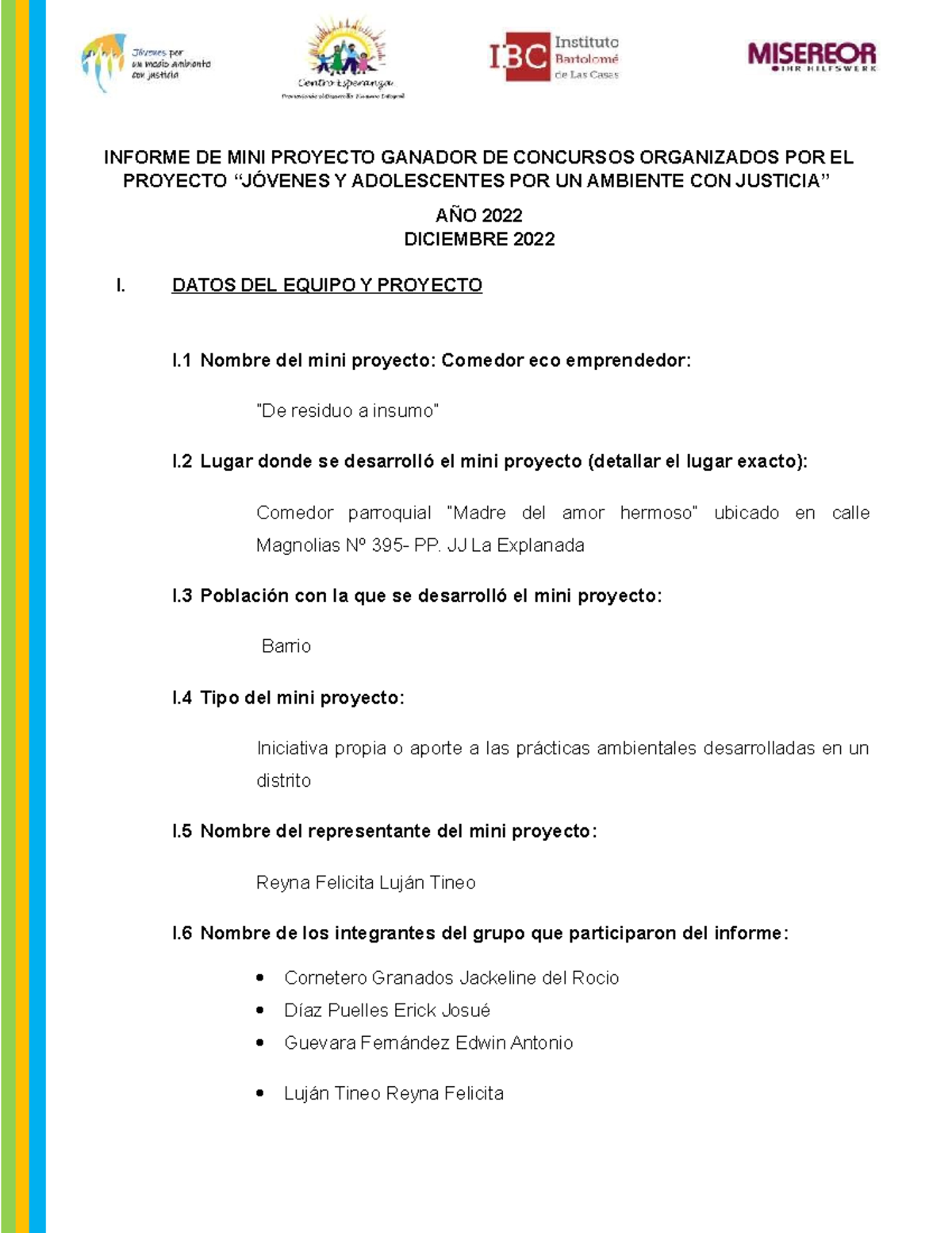 Informe MINI Proyectos Ganadores DE Concursos - INFORME DE MINI ...