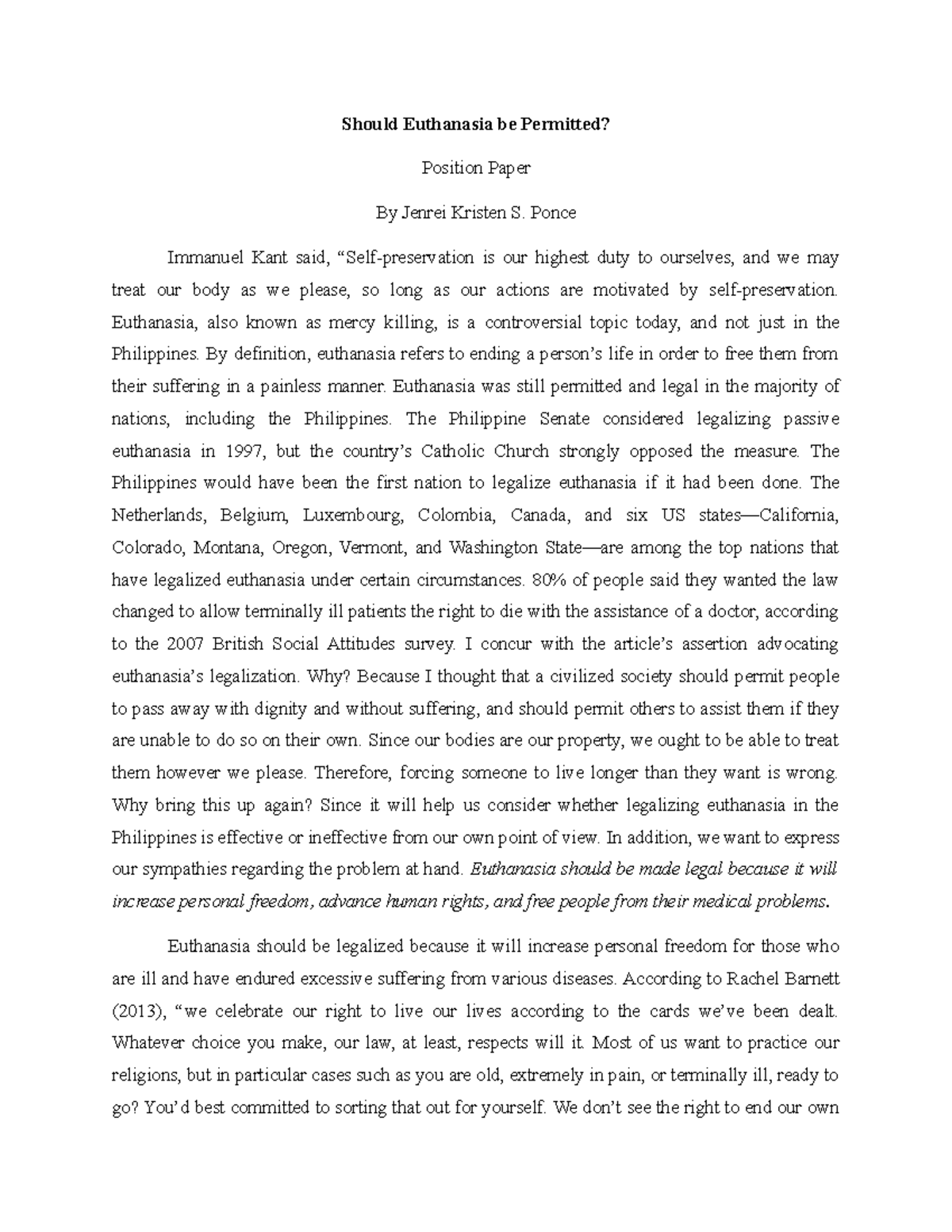 Euthanasia - Lecture - Should Euthanasia be Permitted? Position Paper ...