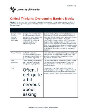 Hum115 v10 wk1 critical thinking identifying barriers worksheet - HUM ...