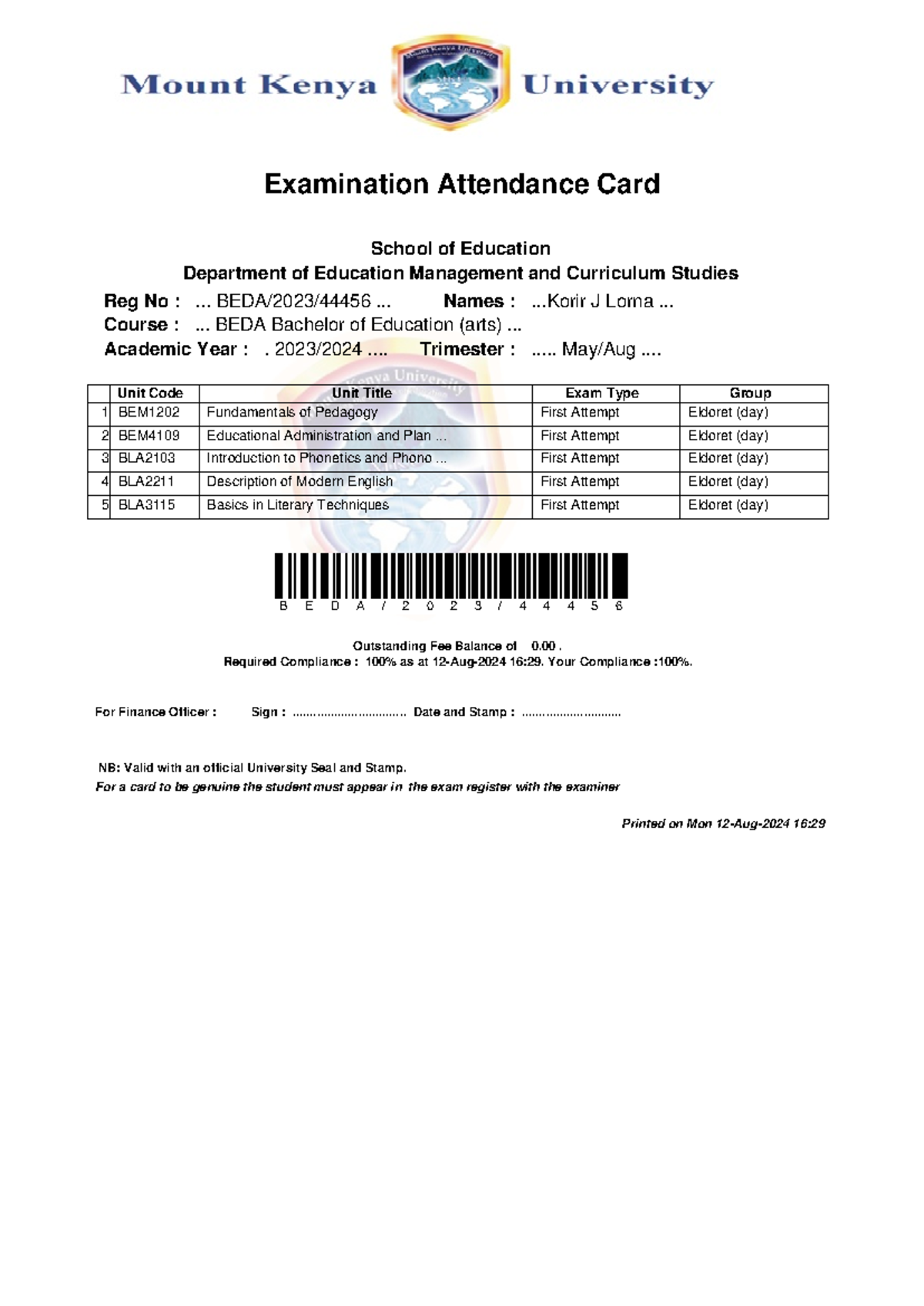 Exam card - SDFSDF - Examination Attendance Card School of Education ...