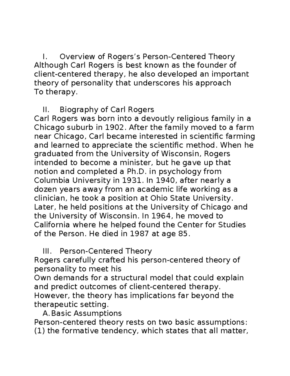 Rogers & may - notes - I. Overview of Rogers’s Person-Centered Theory ...