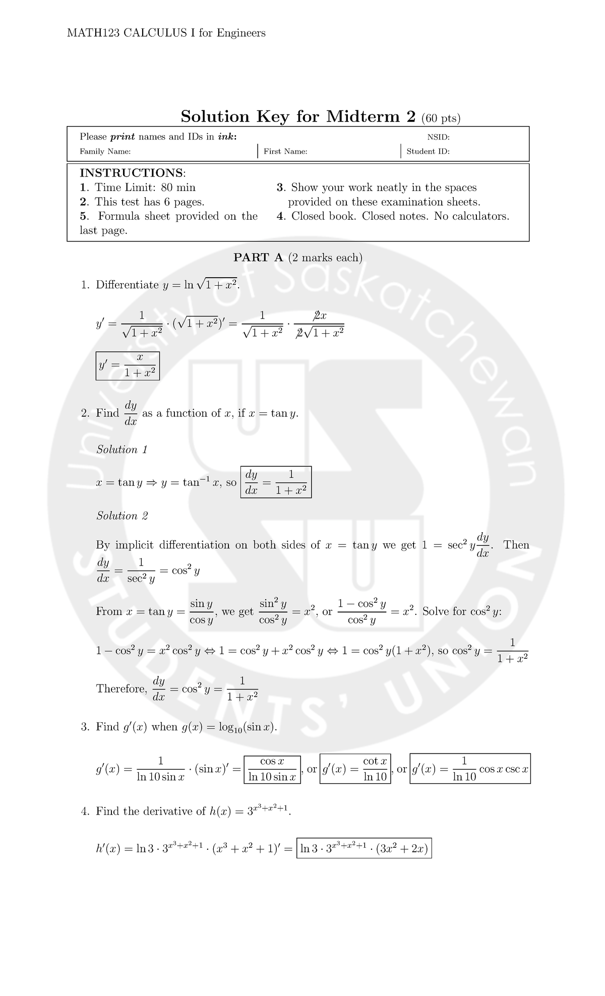 Exam 25 November 2009, questions and answers - MATH123 CALCULUS I for Engineers Solution Key for ...