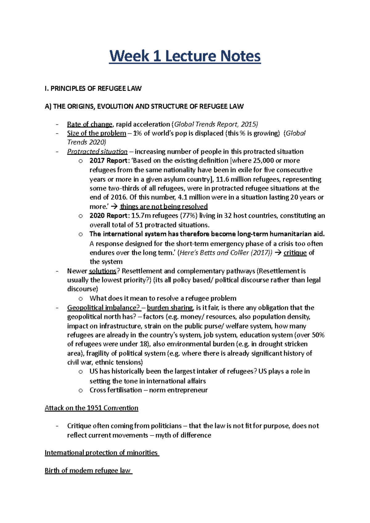 Week 1 Seminar notes - Week 1 Lecture Notes I. PRINCIPLES OF REFUGEE ...