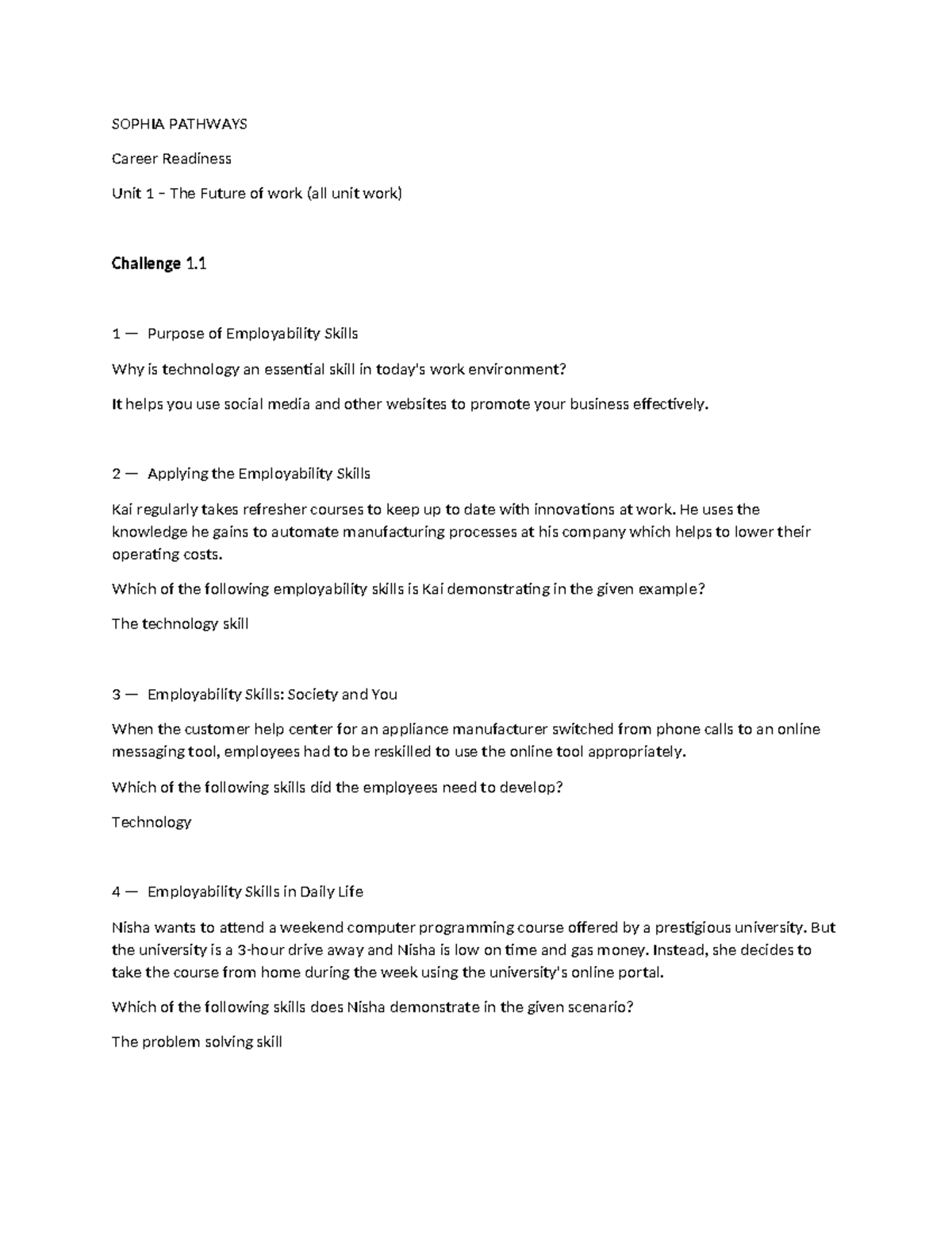 Sophia Career Readiness Unit 1 Q&A - SOPHIA PATHWAYS Career Readiness ...