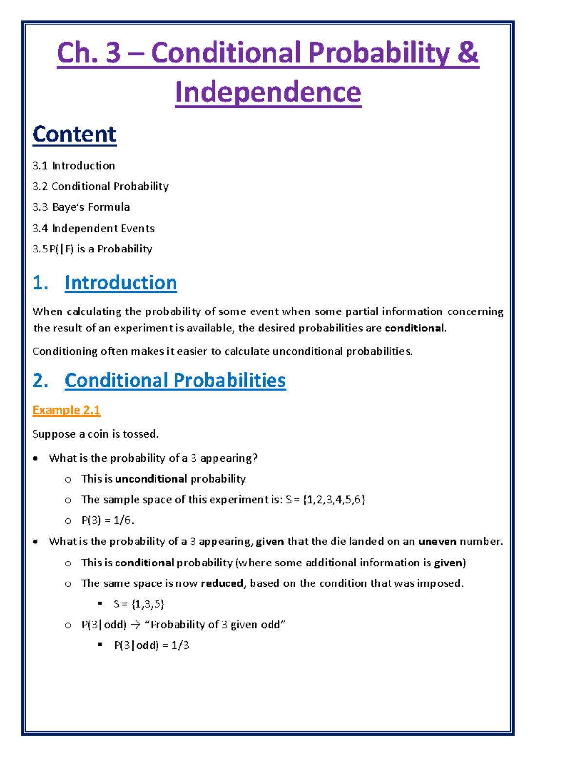 Chapter 3 - Conditional Probability ^0 Independence - Ch. 3 – Conditional Probability & - Studocu