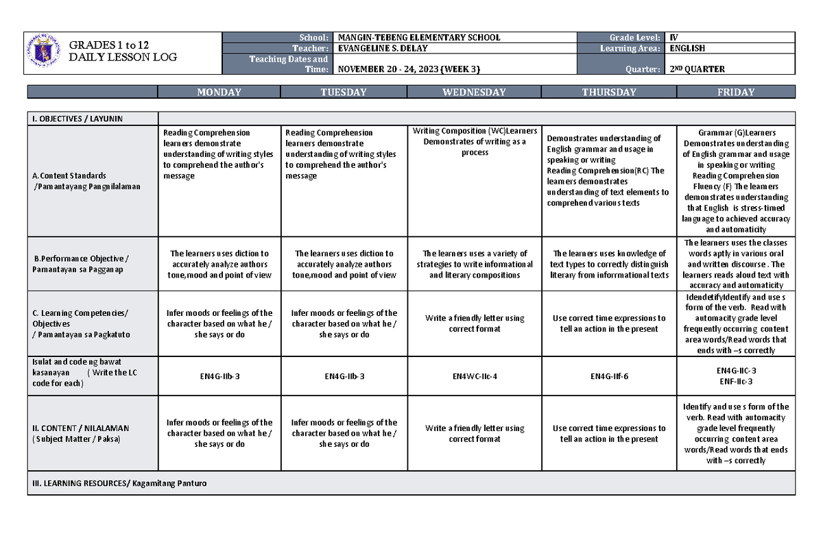 DLL English 4 Q2 W3 - SSS - GRADES 1 to 12 DAILY LESSON LOG School ...