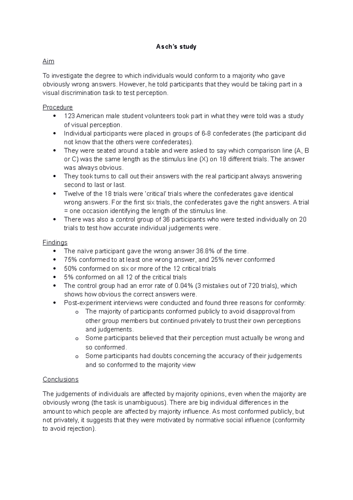 1. Asch's study - Asch’s study Aim To investigate the degree to which ...