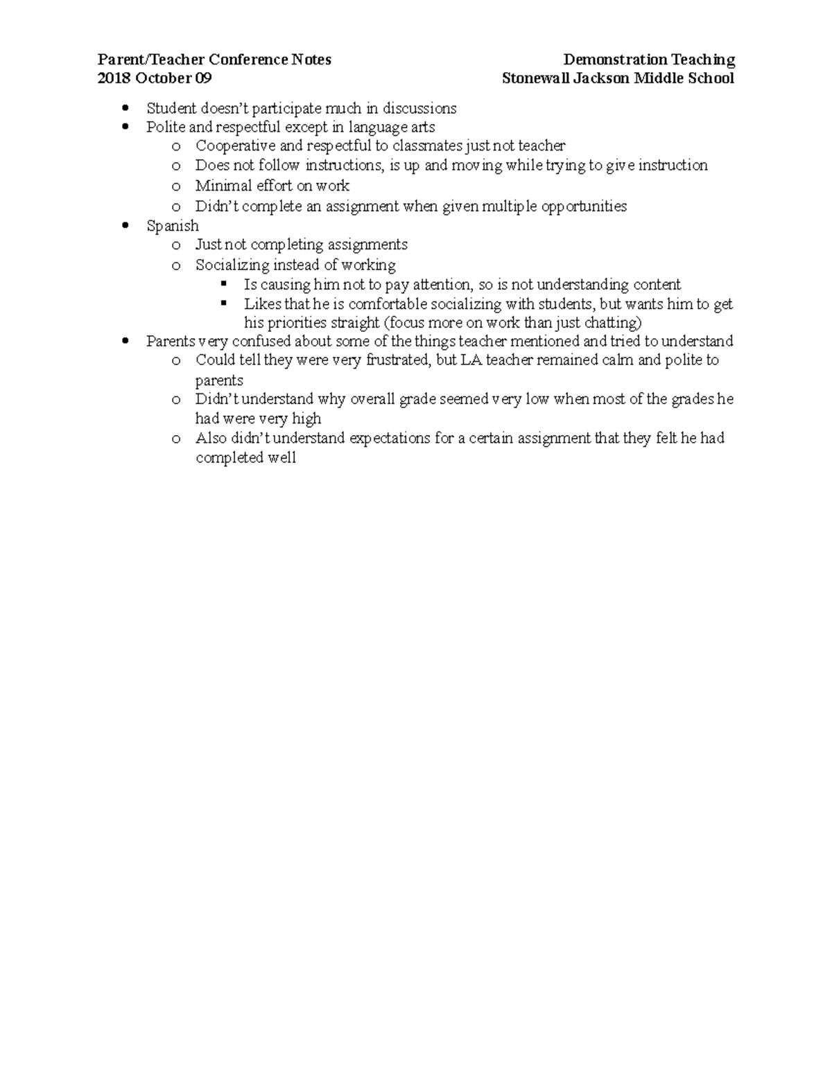 Parent teacher conference notes 2018 10 09 - Conference Notes 2018 ...