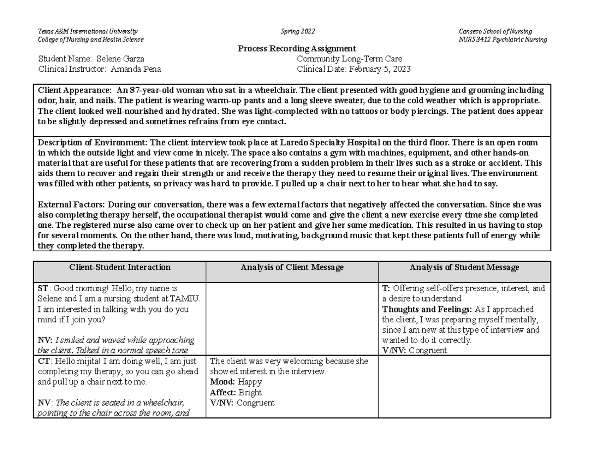 Process Recording Form (FInal 2) - College of Nursing and Health ...