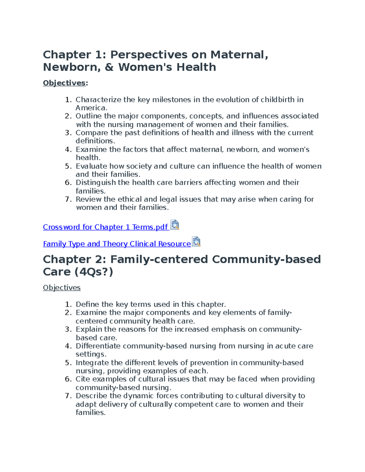 WK 1 OBJ - Objectives - Chapter 1: Perspectives on Maternal, Newborn ...