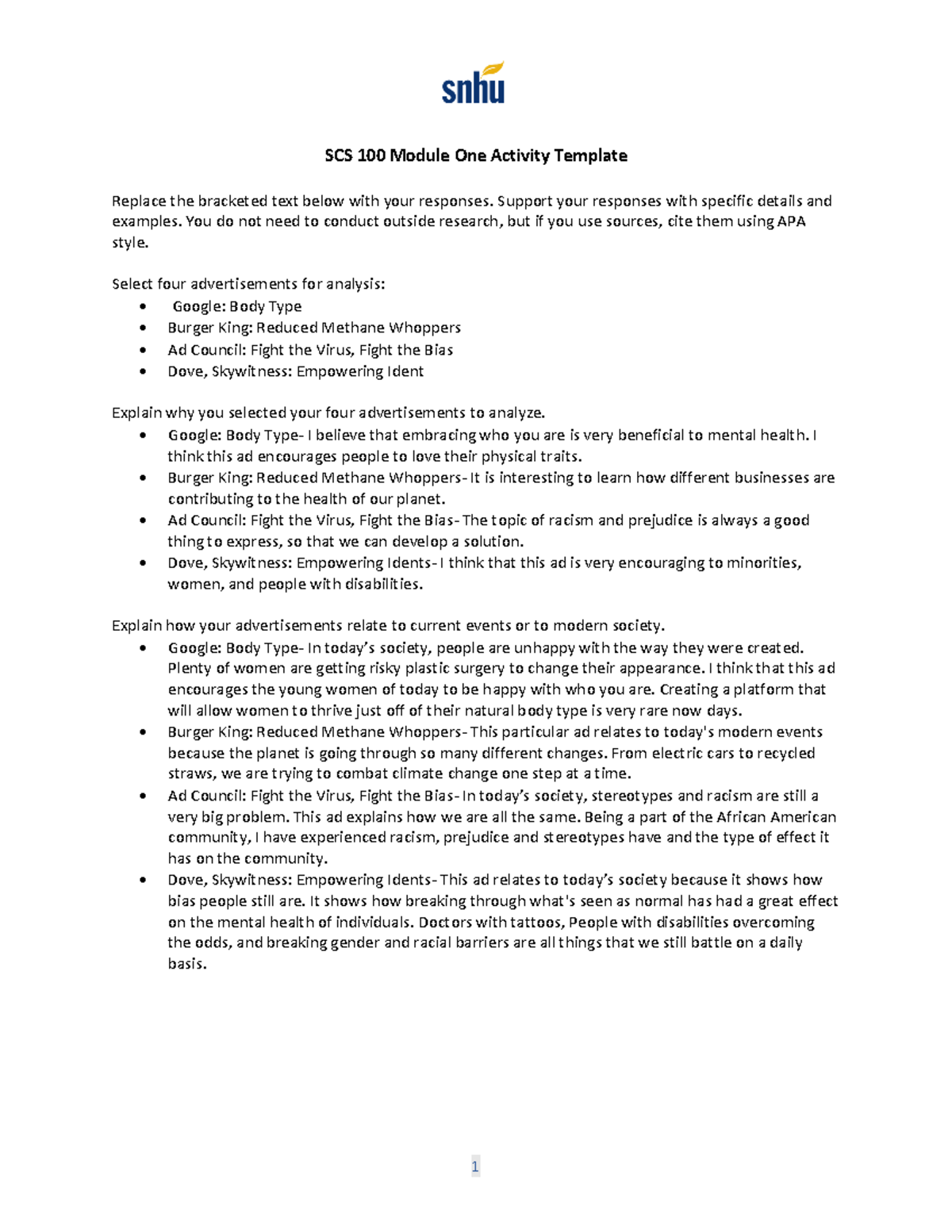 SCS 100 Module One Activity Template - 1 SCS 100 Module One Activity ...