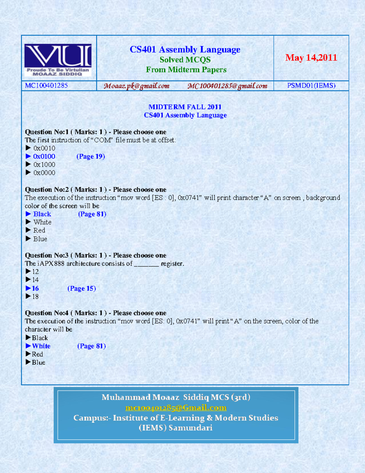 CS401-Midterm Solved Mcqs With References By Moaaz - Computer science ...
