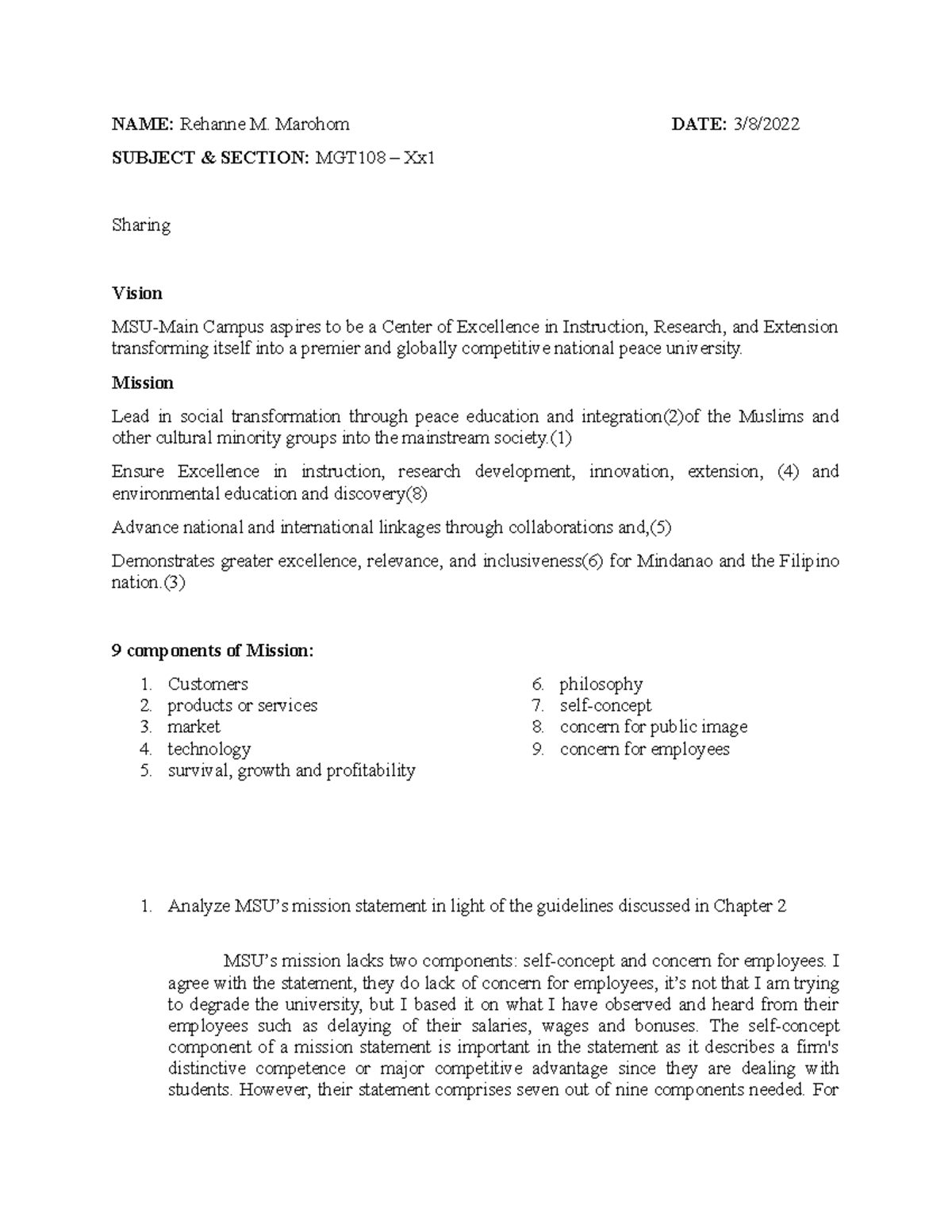 Marohom MGT108 Xx1 Sharing - NAME: Rehanne M. Marohom DATE: 3/8 ...
