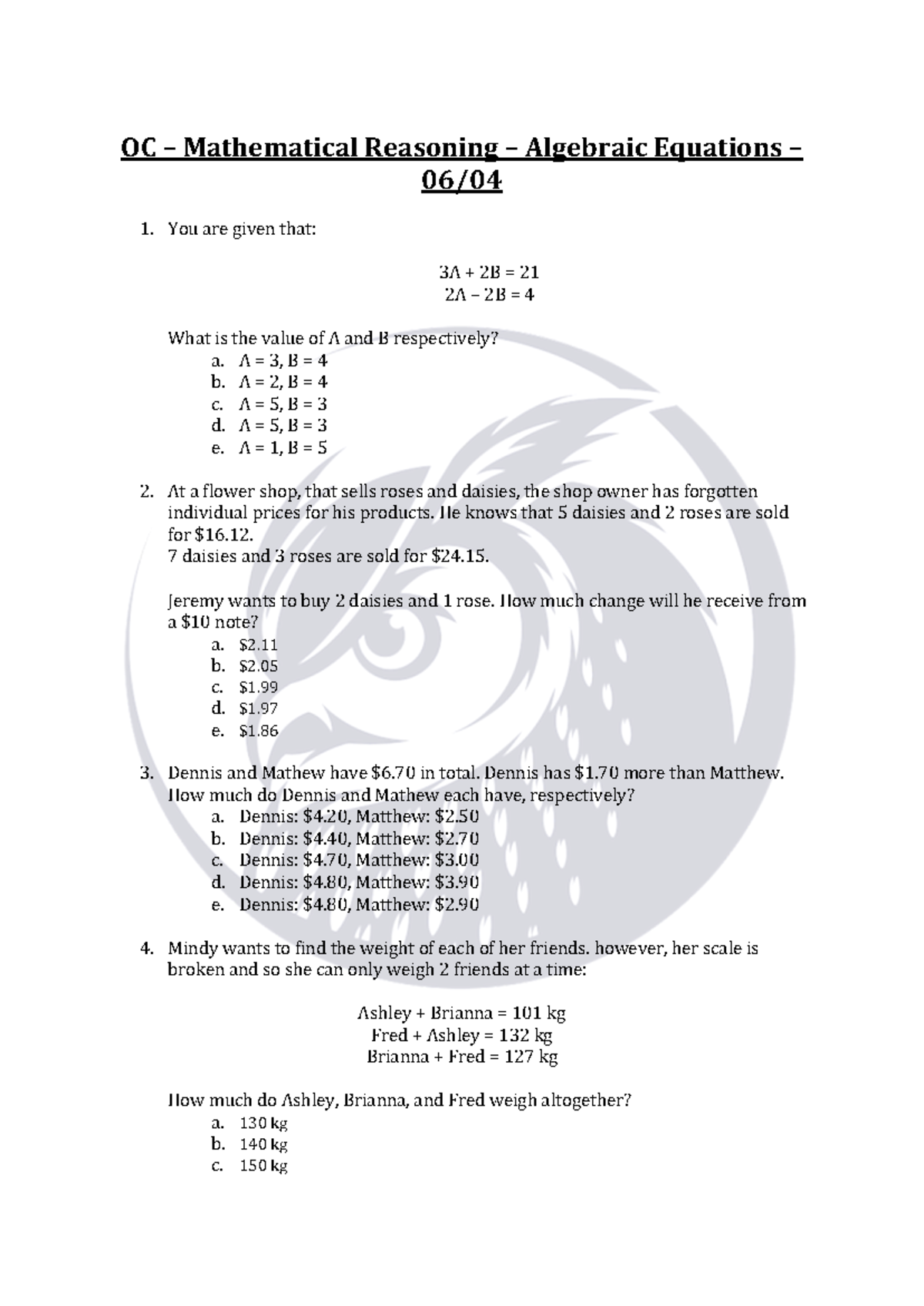OC MR 0604 - Math - OC – Mathematical Reasoning – Algebraic Equations ...