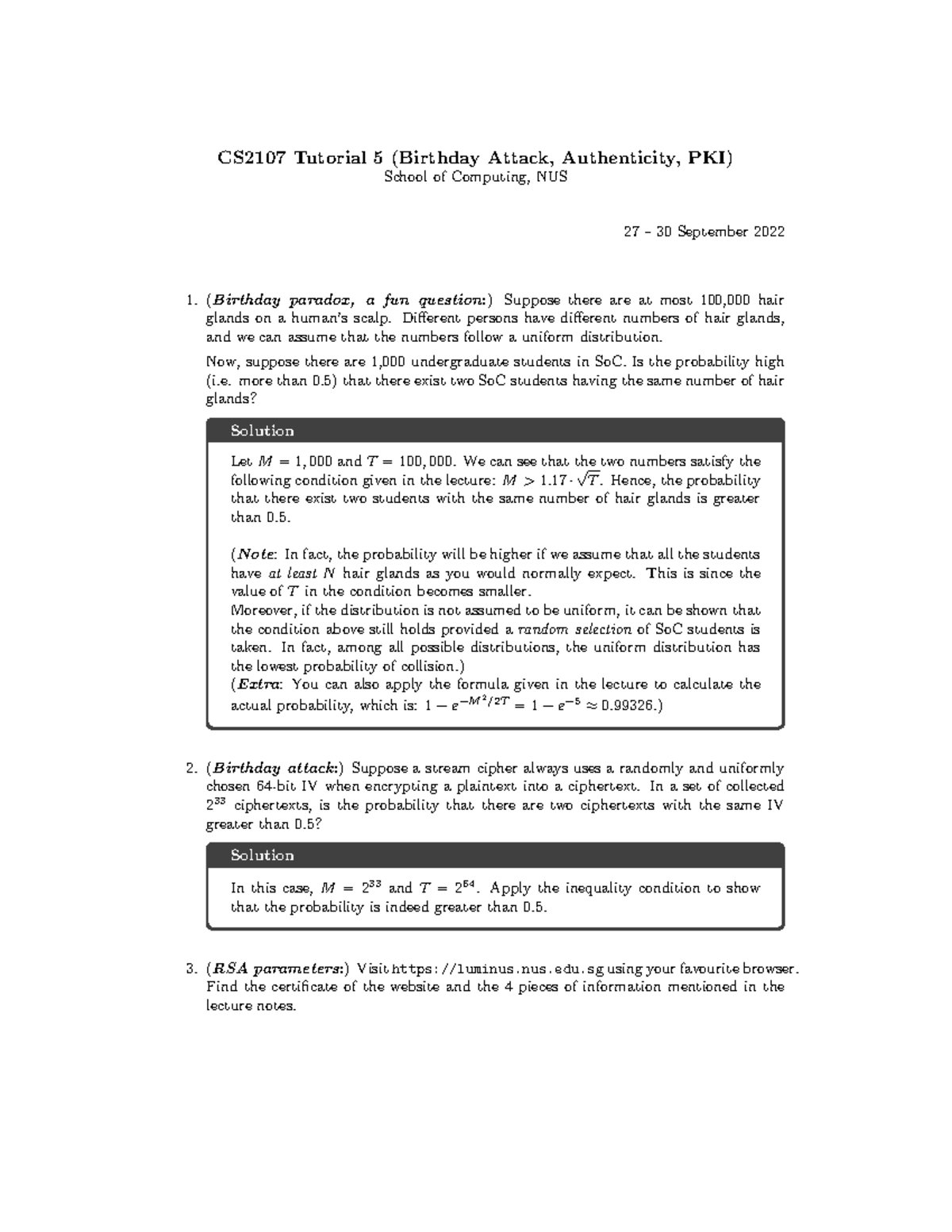 CS2107 Tutorial 5 Answers - CS2107 Tutorial 5 (Birthday Attack, Authenticity, PKI) School of ...