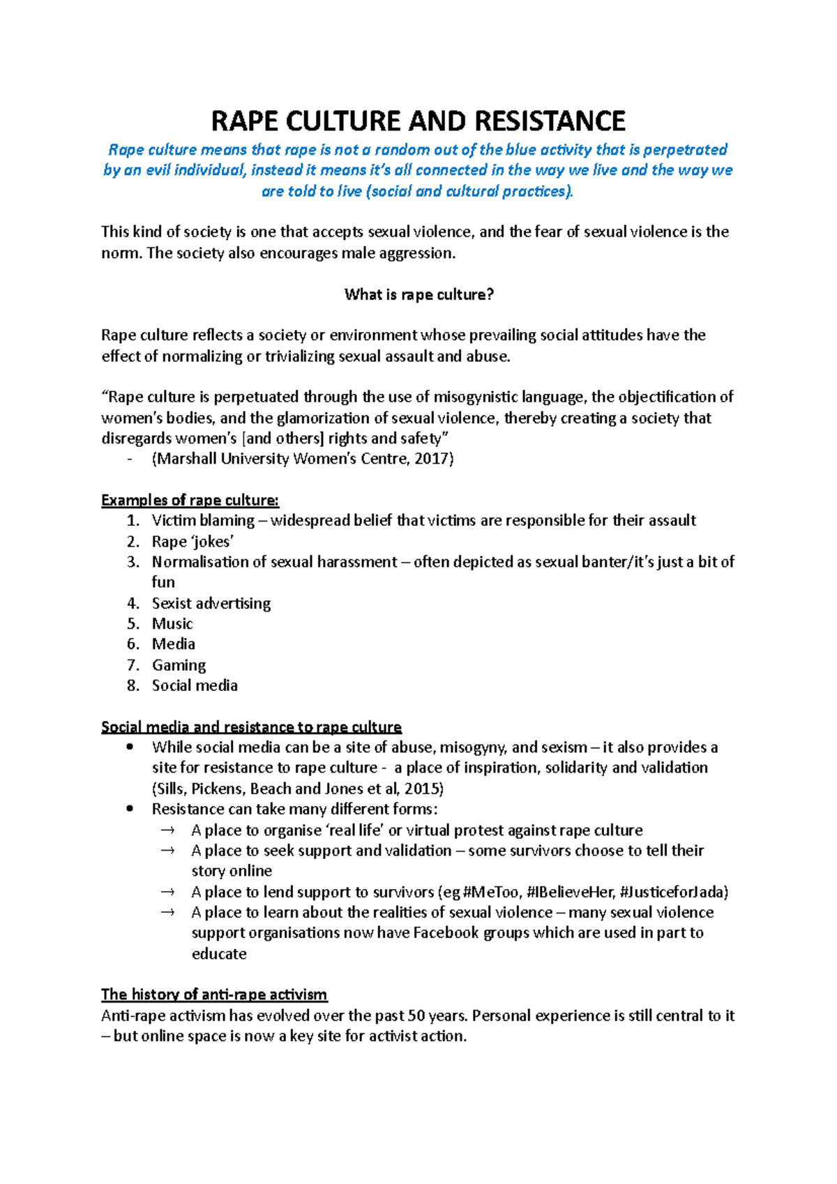 324 cheat sheet - RAPE CULTURE AND RESISTANCE Rape culture means that ...