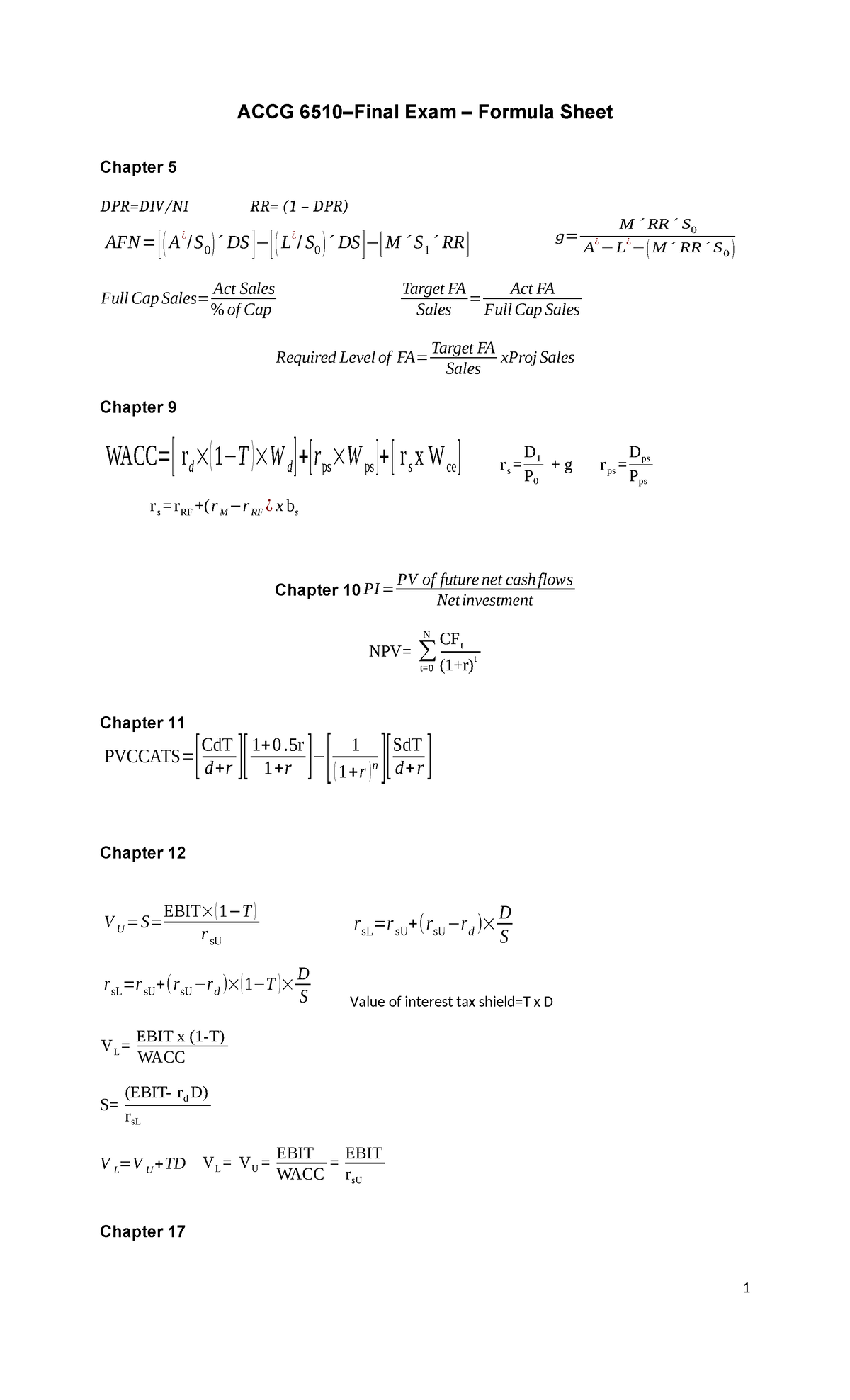 Final Formula Sheet ACCG 6510 - ACCG 6510–Final Exam – Formula Sheet ...