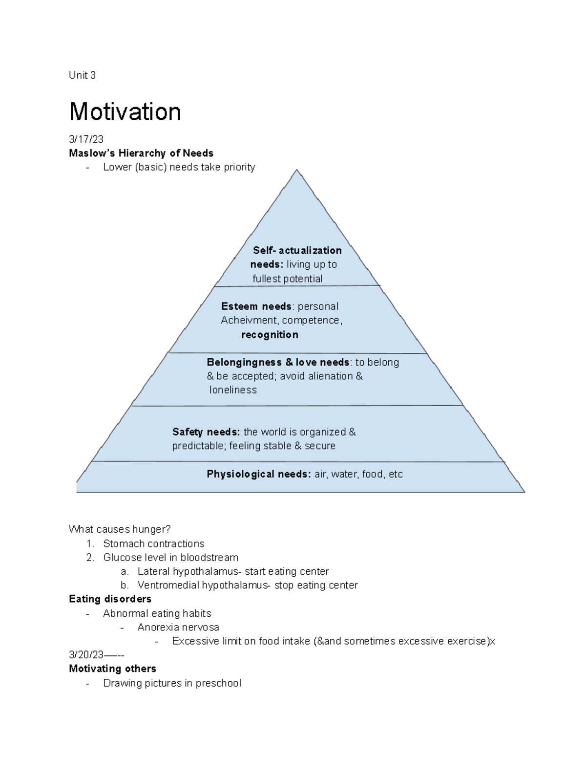 Unit 3 psychology - toru satto - Unit 3 Motivation 3/17/ Maslow’s ...
