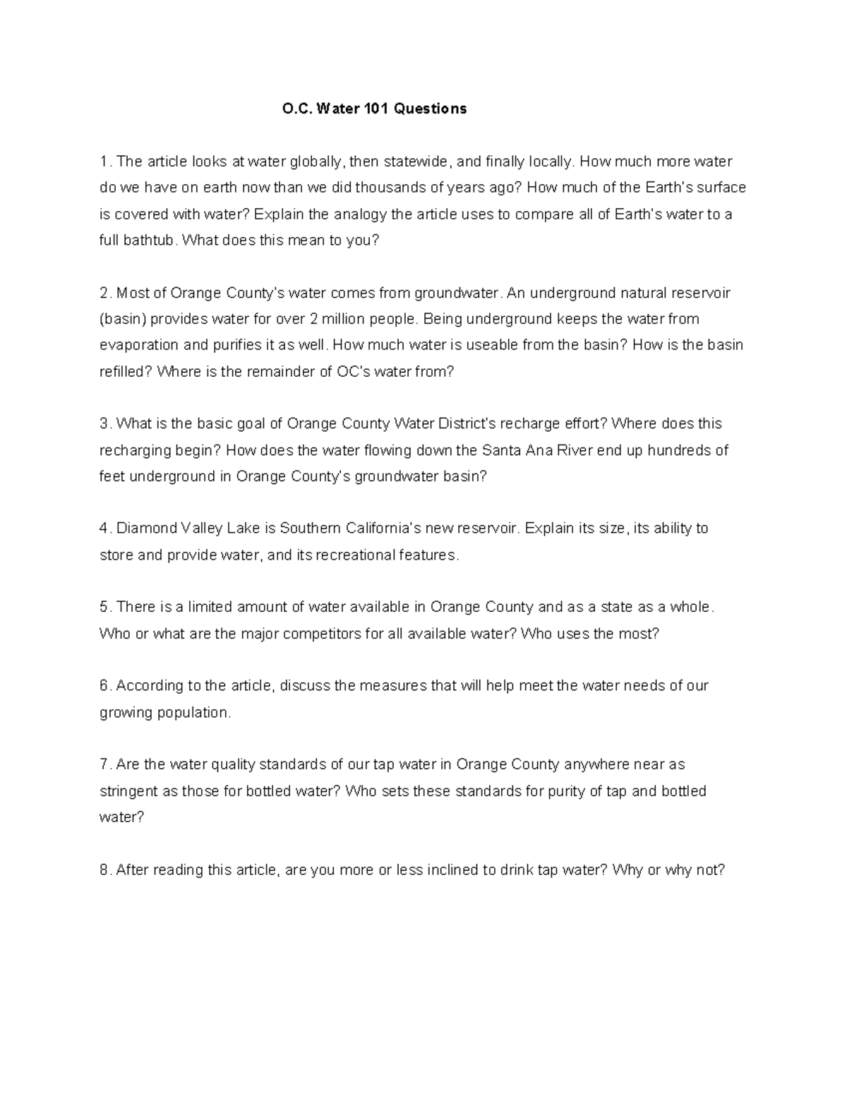 OC water - Study guide - O. Water 101 Questions The article looks at ...