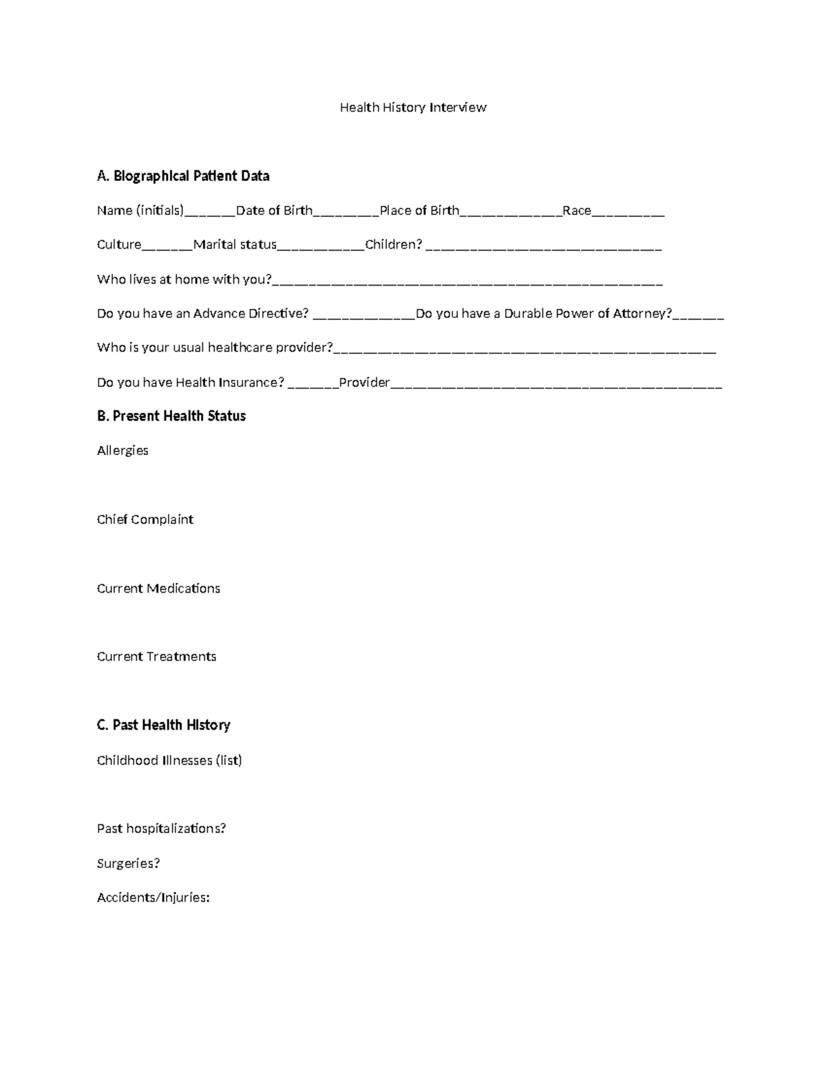 Health History Interview Form - Health History Interview A ...