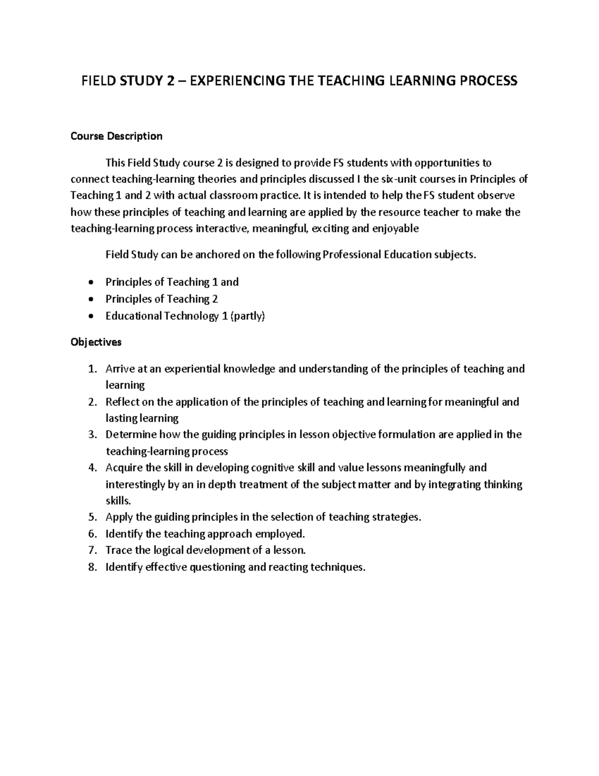 129073496 Field Study 2 - FIELD STUDY 2 – EXPERIENCING THE TEACHING ...