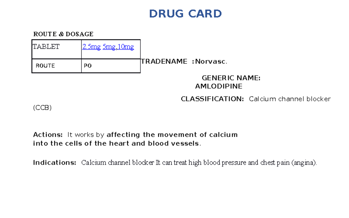 Amlodipine - DRUG CARDS - DRUG CARD ROUTE & DOSAGE TRADENAME :Norvasc ...