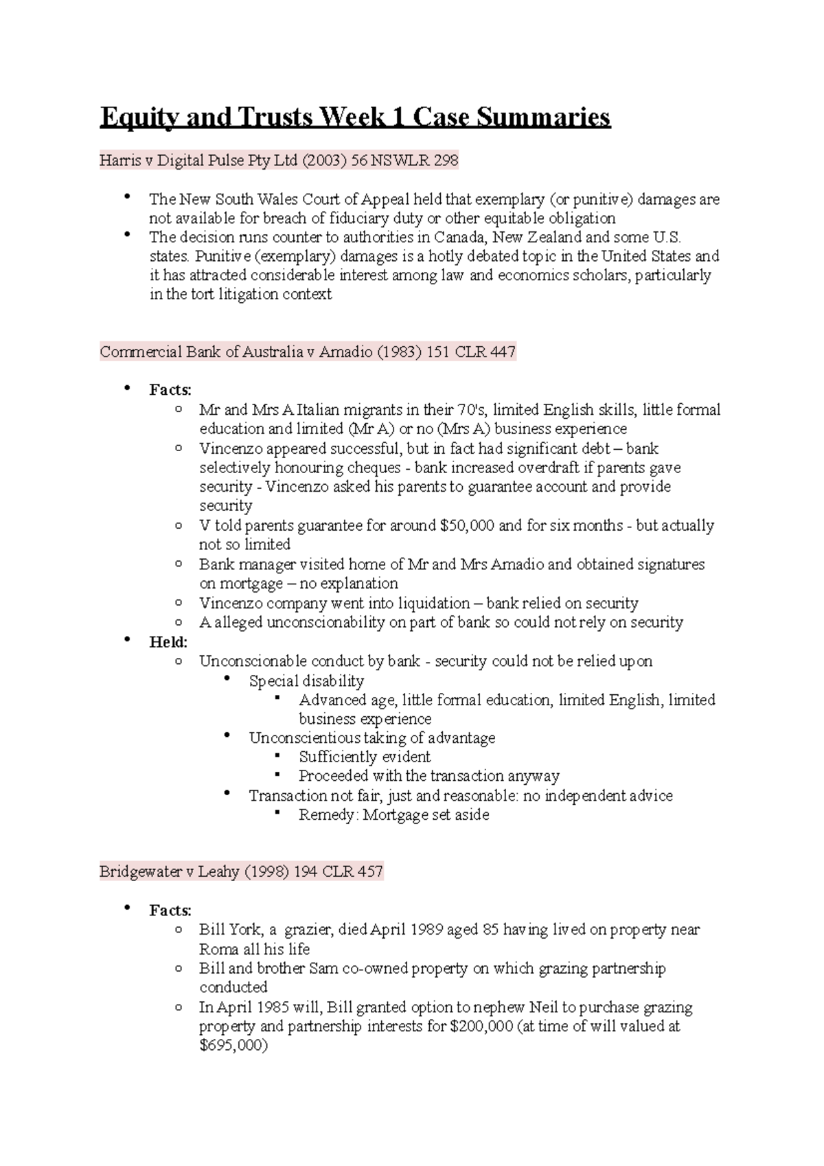 Equity and Trusts Week 1 Case Summaries - Equity and Trusts Week 1 Case ...