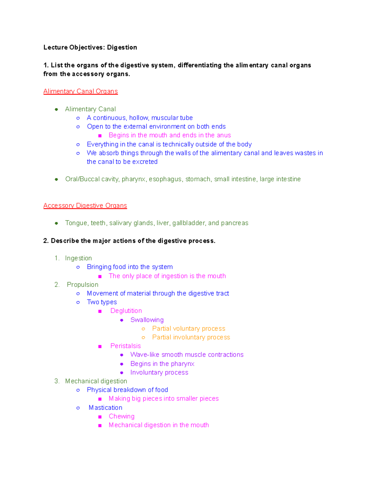 BIOL 2230 (23-24) UNIT 4 no annotations - Lecture Objectives: Digestion List the organs of the ...