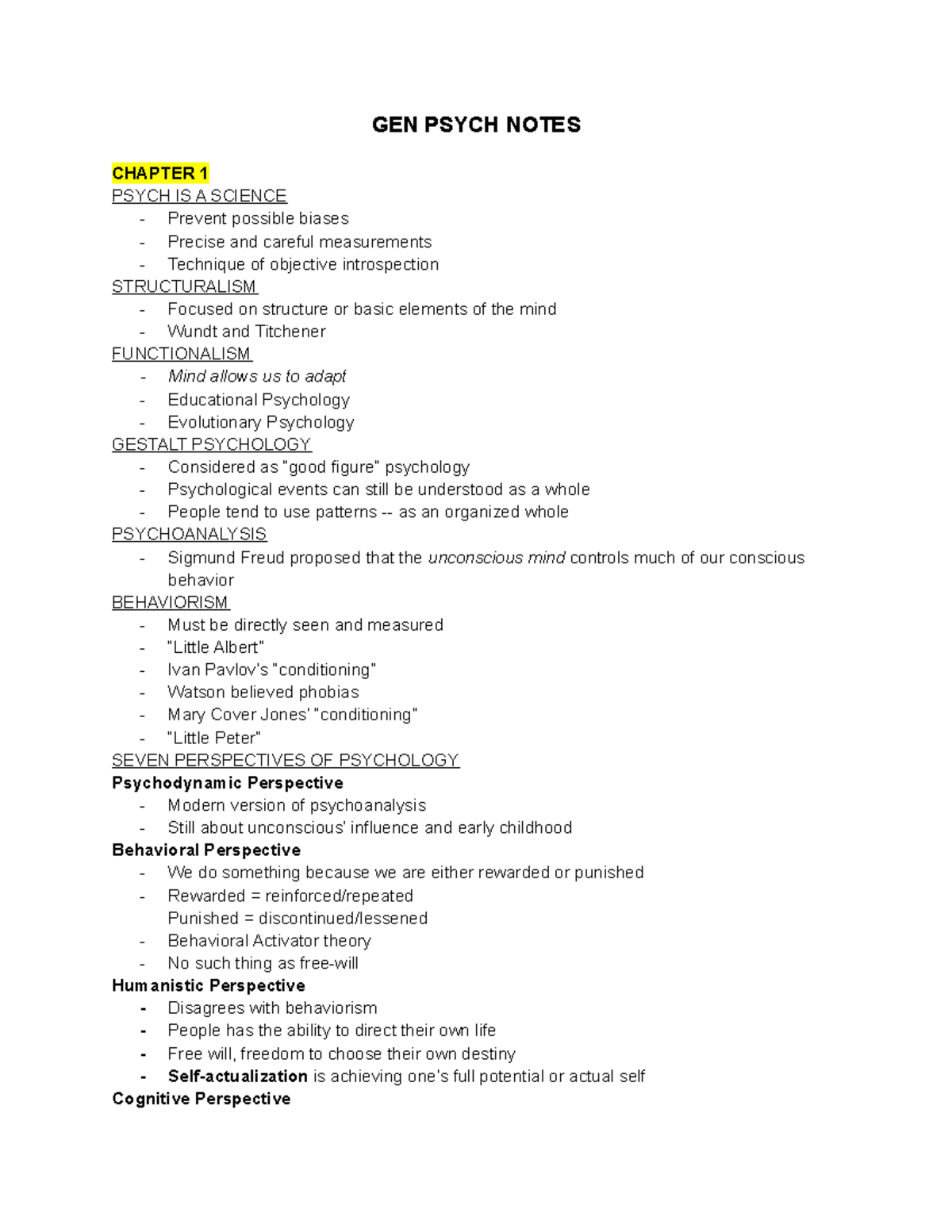 GEN Psych Notes - Ms. Mesa - GEN PSYCH NOTES CHAPTER 1 PSYCH IS A ...